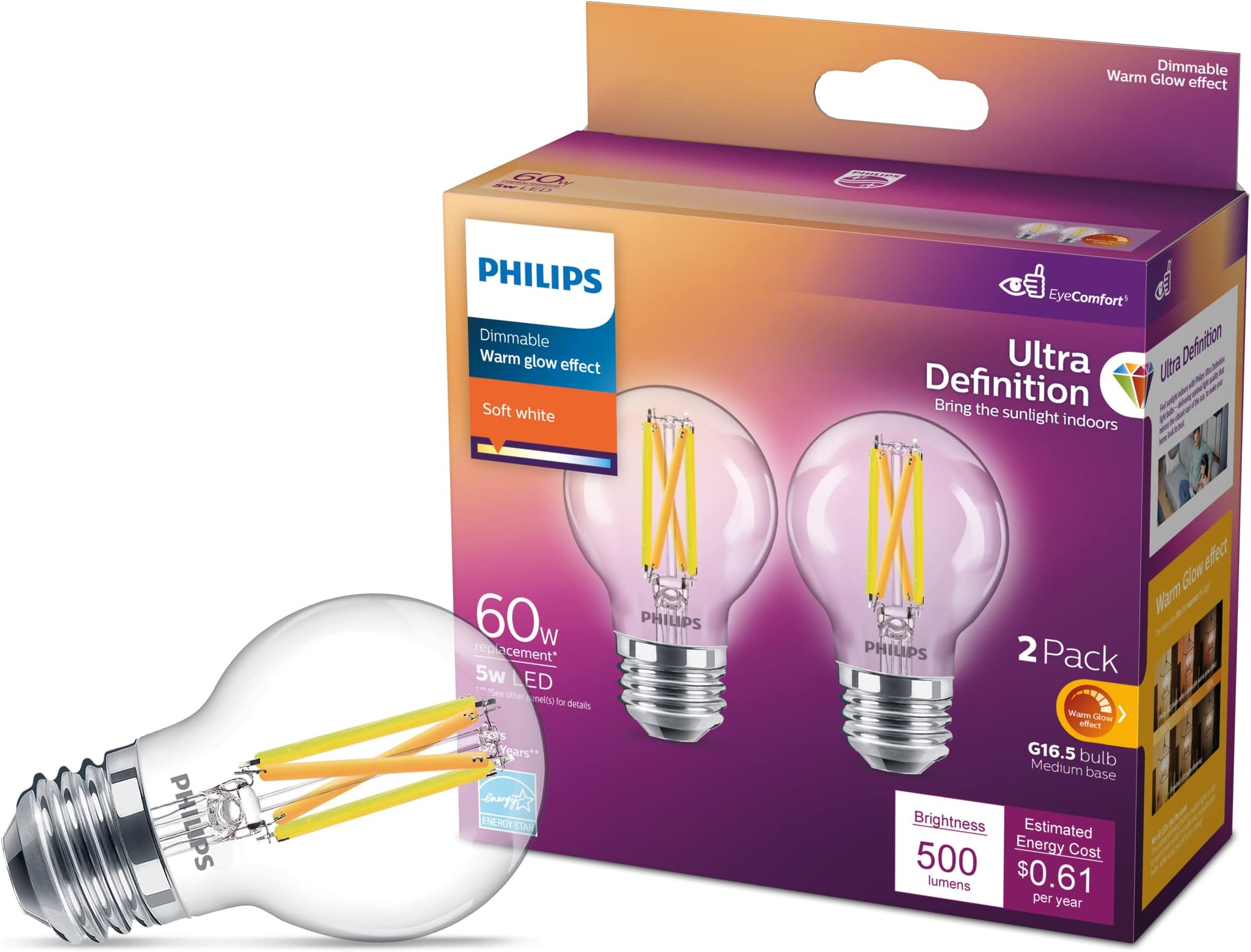 Philips LED G16.5 Globe Light Bulbs - 500 Lumen - Flicker-Free Dimmable ...