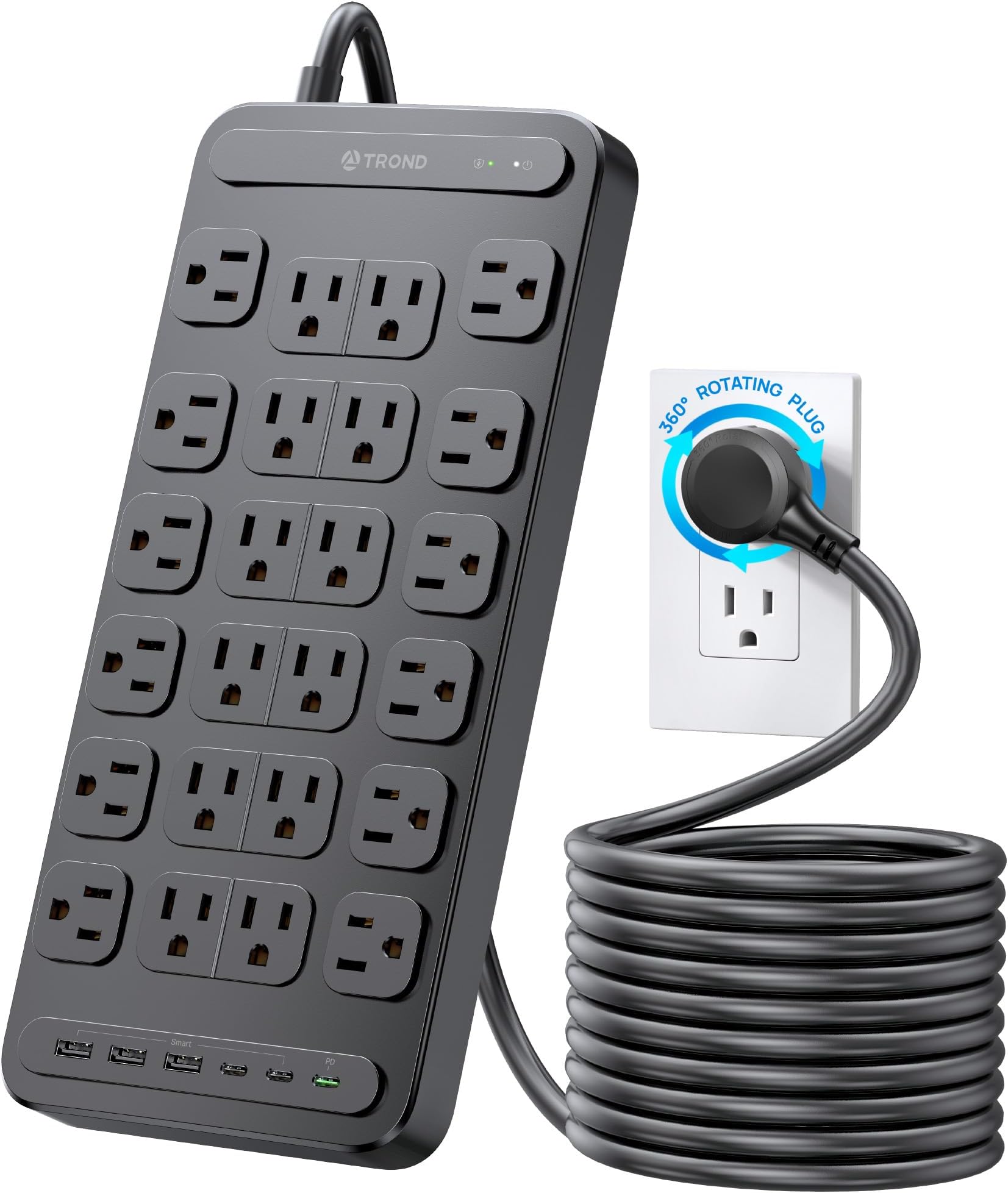 TROND Surge Protector Power Bar - 360° Rotating Plug, 24 Outlets 6 USB ...