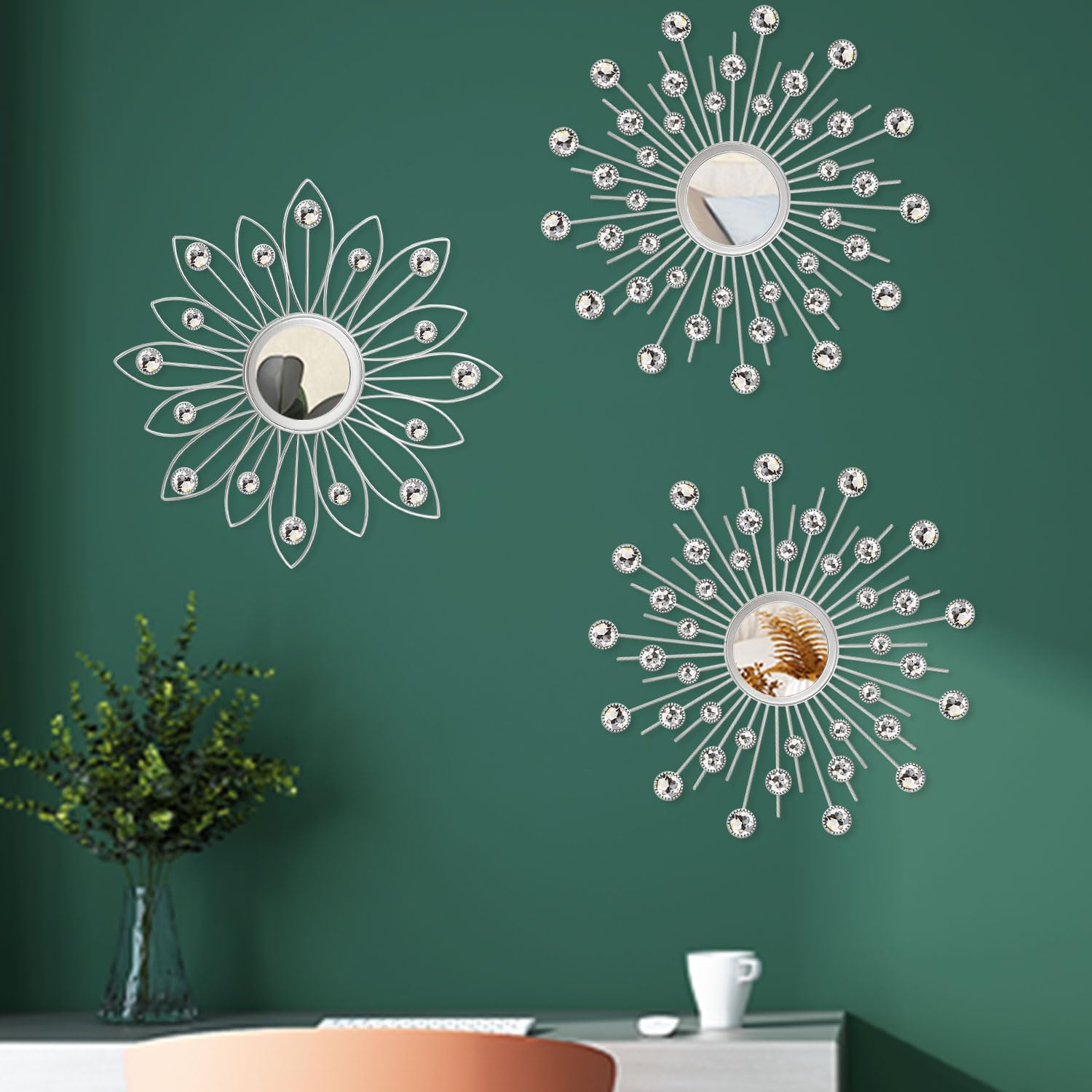Amazon.com: Uaussi 3 Pack Crystal Sunburst Wall Mirror Décor Rhinestone ...