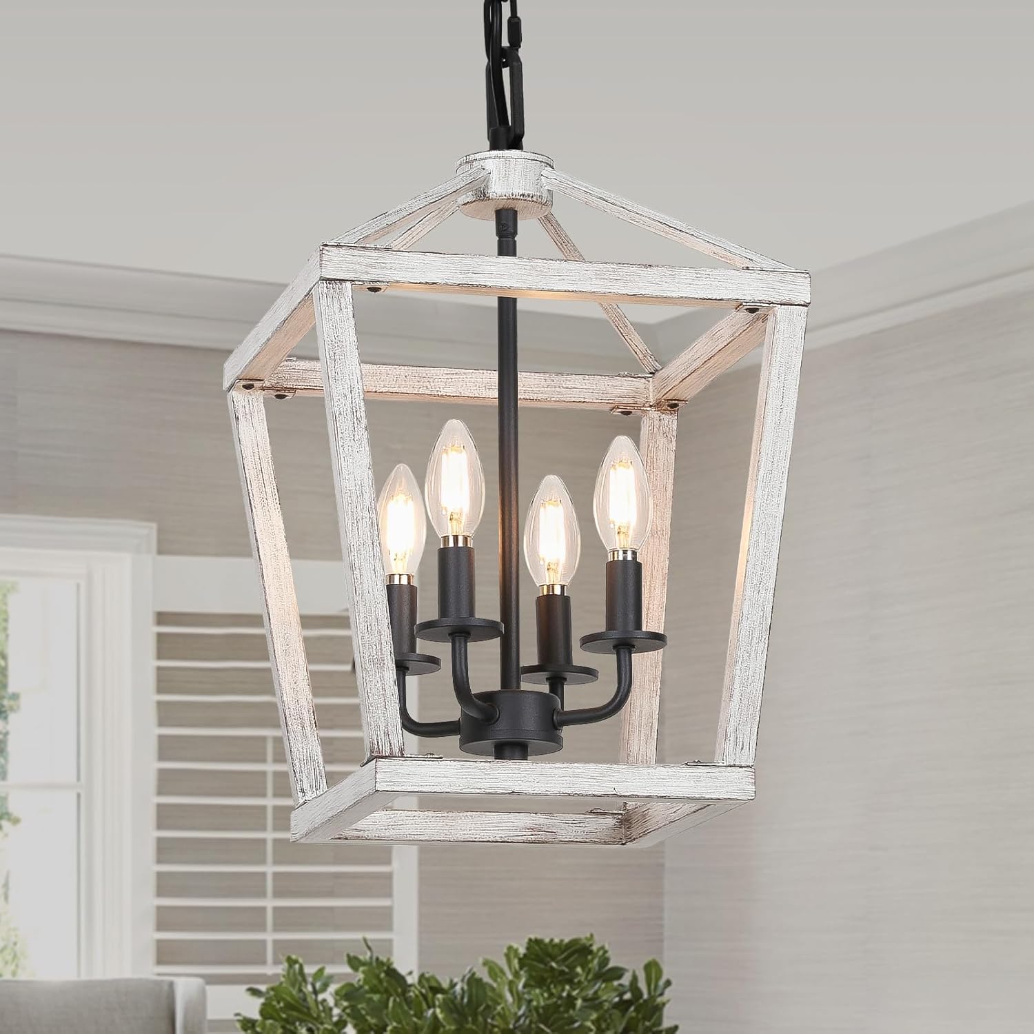 4 Light Rustic Chandelier, Farmhouse Lantern Fixture with Brushed White ...