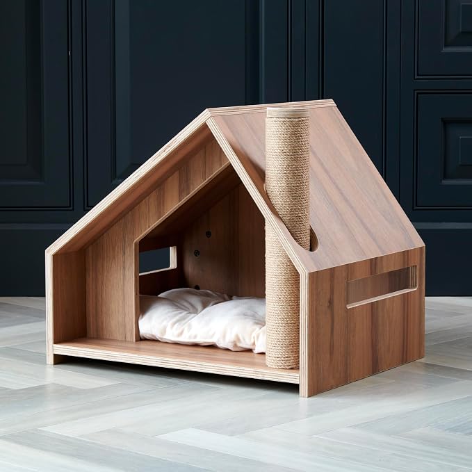 Wooden Indoor Cat House With Scratching Post, Cat Bed and Hideaway ...