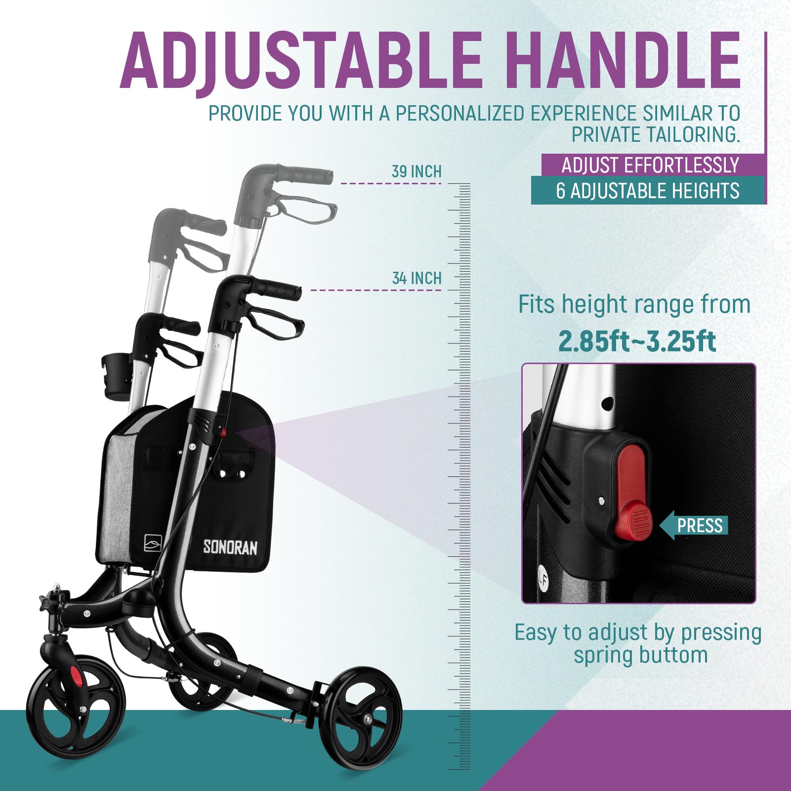 Snapklik.com : SONORAN 3 Wheel Walkers For Seniors Foldable Rollator Walker