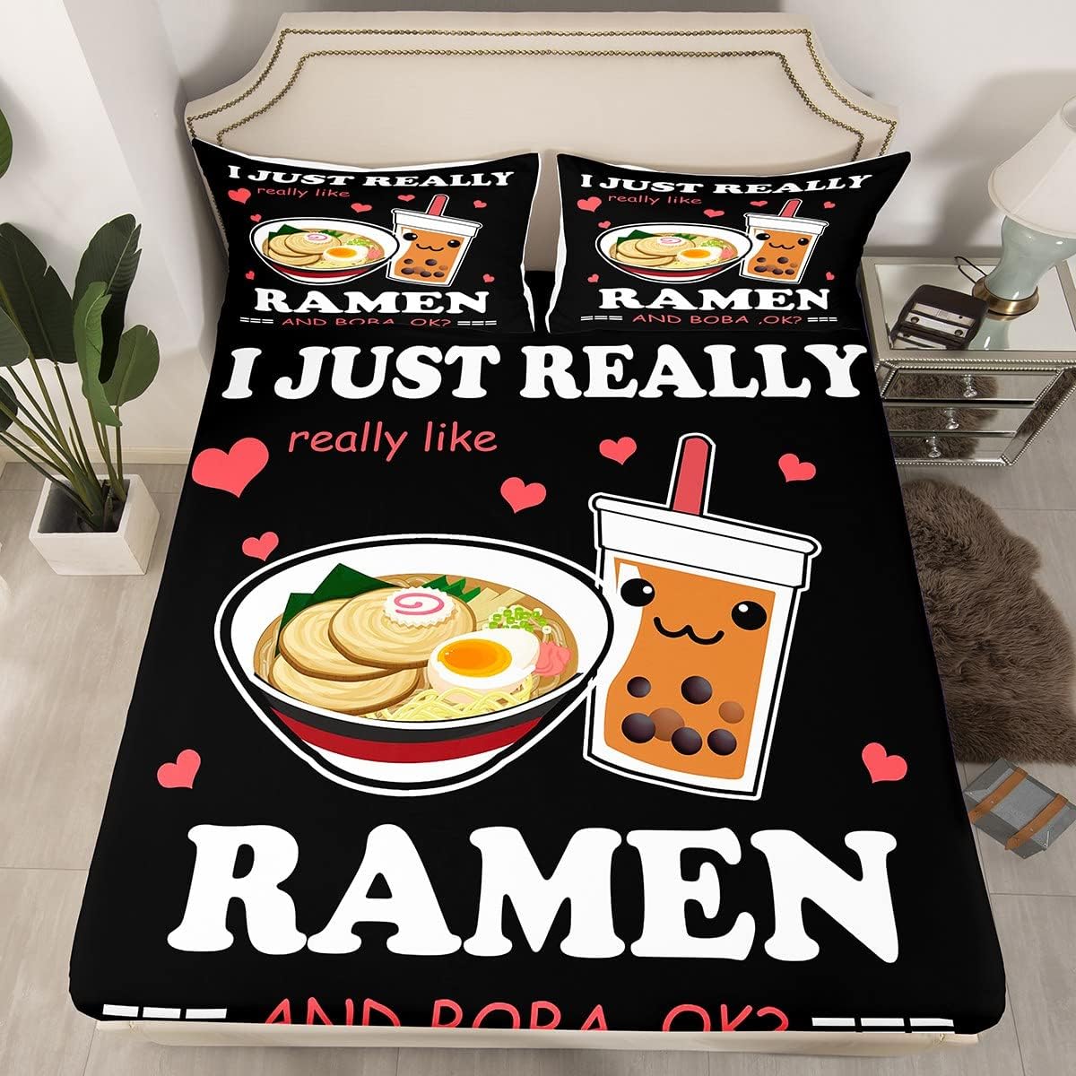 Amazon.com: Ramen Boba Fitted Sheet Anime Bedding Set for Kids Boys ...