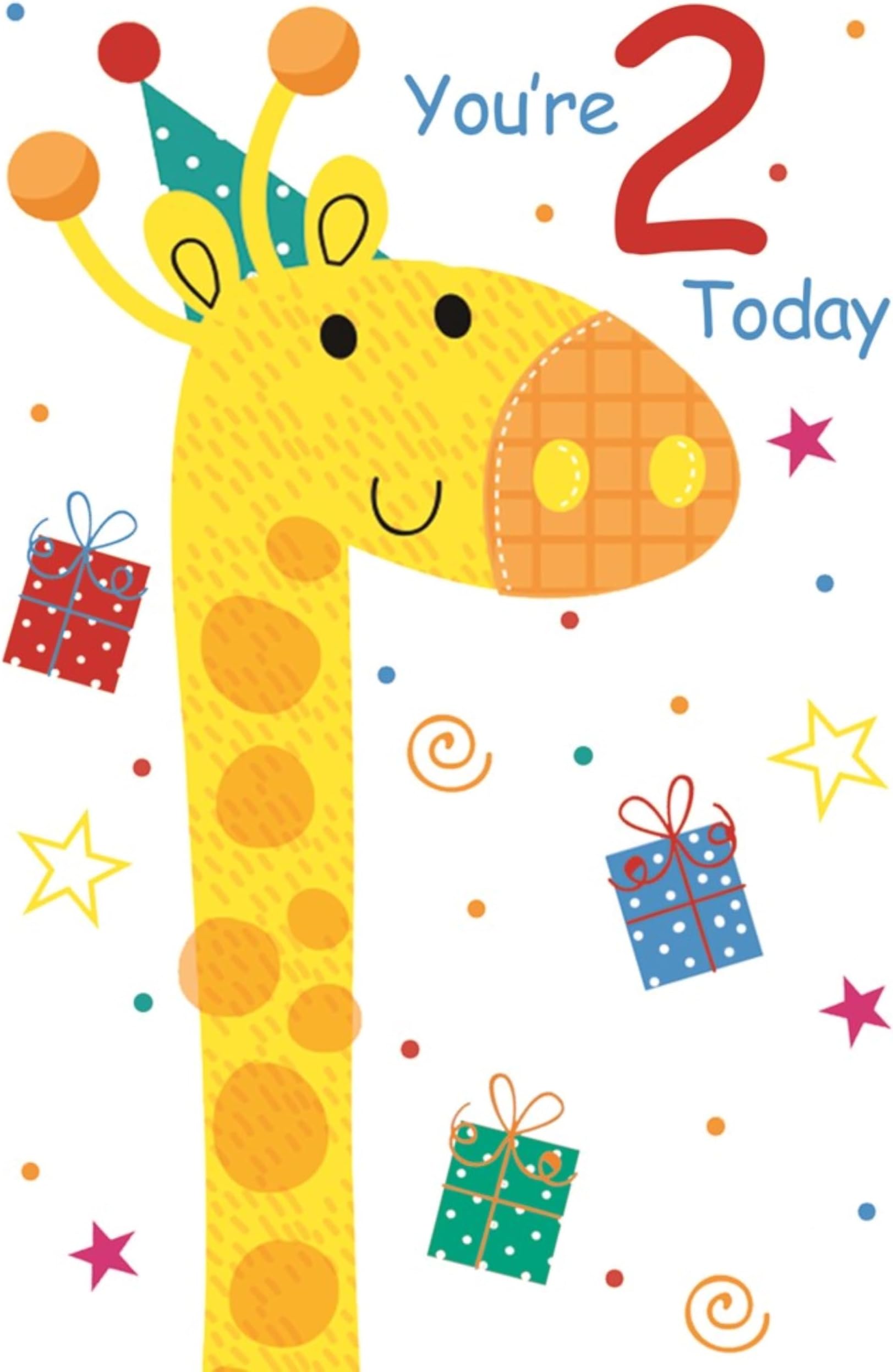 Age 2 Birthday Card - Giraffe in Party Hat Stars Swirls Glitter 7.75x5 ...