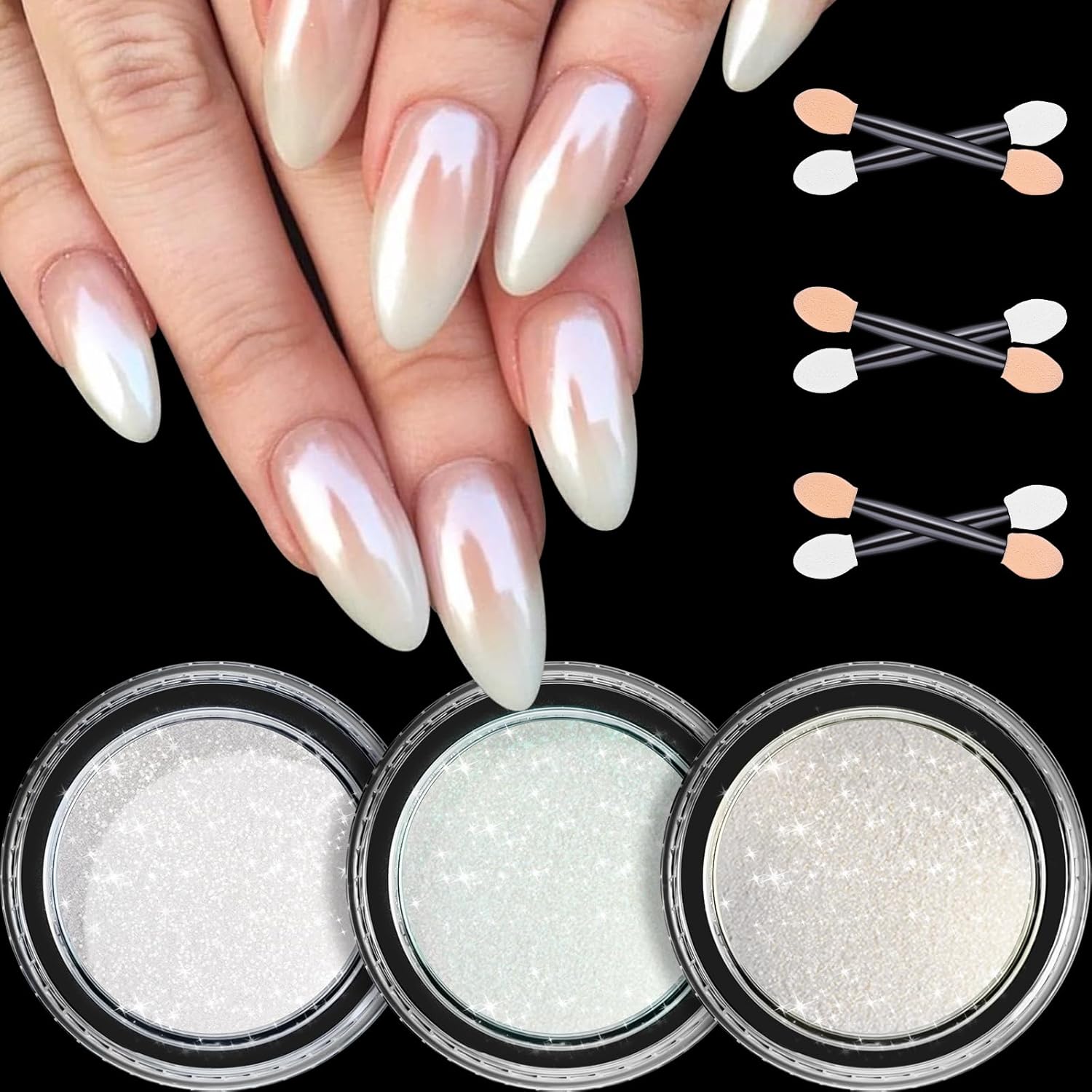 Amazon.com: White Pearl Chrome Nail Powder, 3 Colors Clear Aurora Glass ...