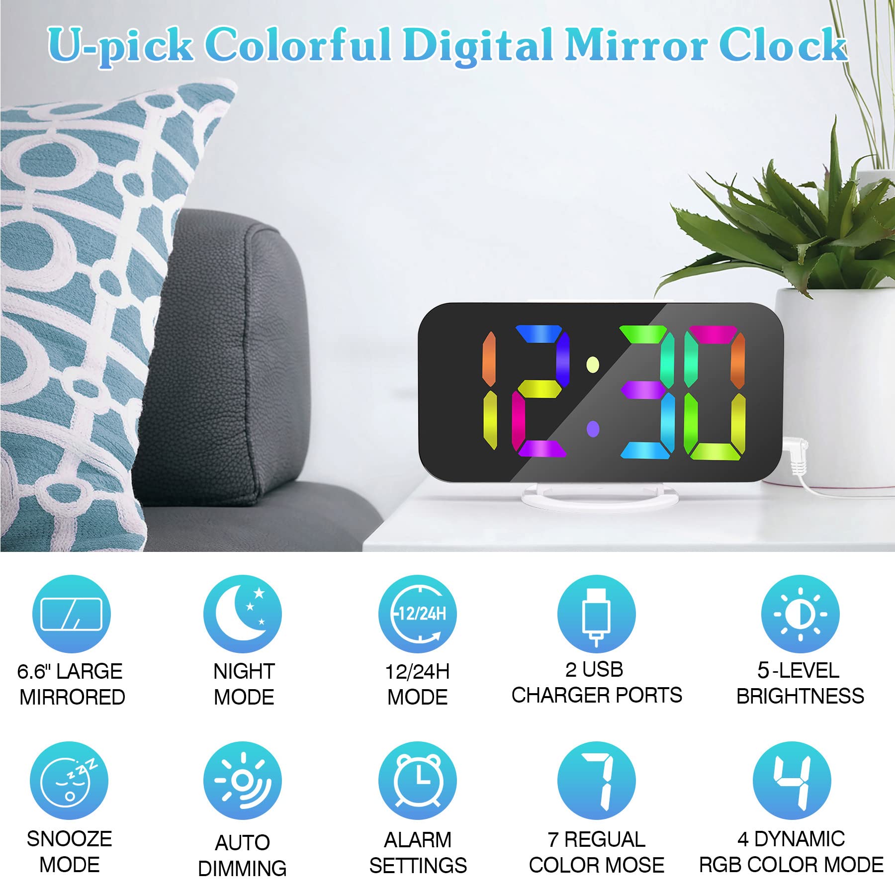Snapklik.com : U-pick Digital Alarm Clock, LED RGB Colorful Clocks For ...