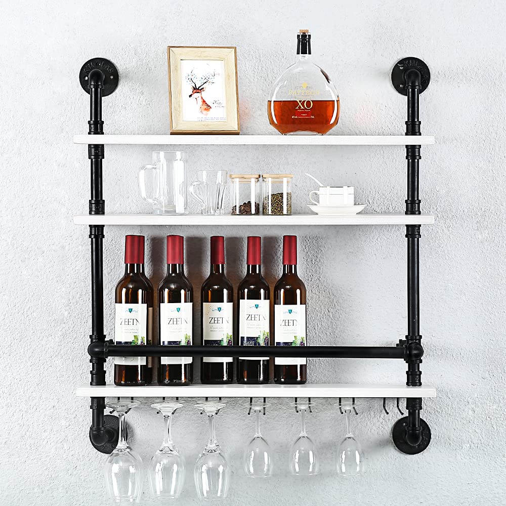 Buy Industrial Pipe Shelf Wine Rack Wall ed with 7 Stem Glass Holder,3 ...