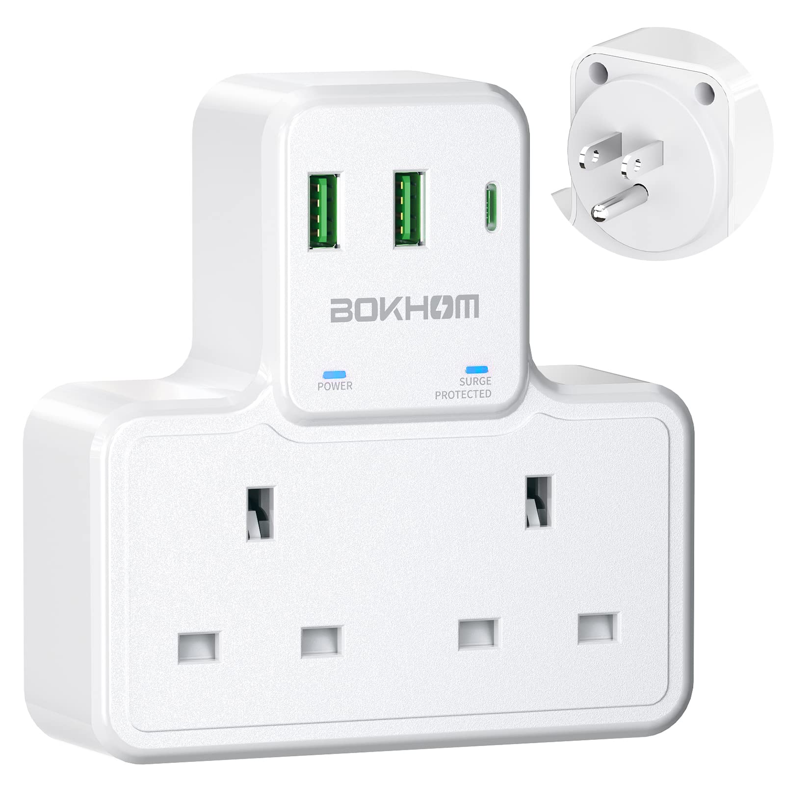 BOKHOM UK to US Plug Adapter with USB Ports (2 USB-A, 1 USB-C), 2 Way ...