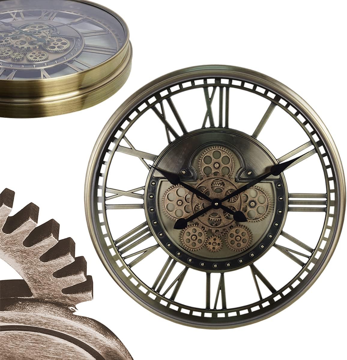 Large Wall Clock with Moving Gears, Non-Ticking Vintage Oversized Metal ...