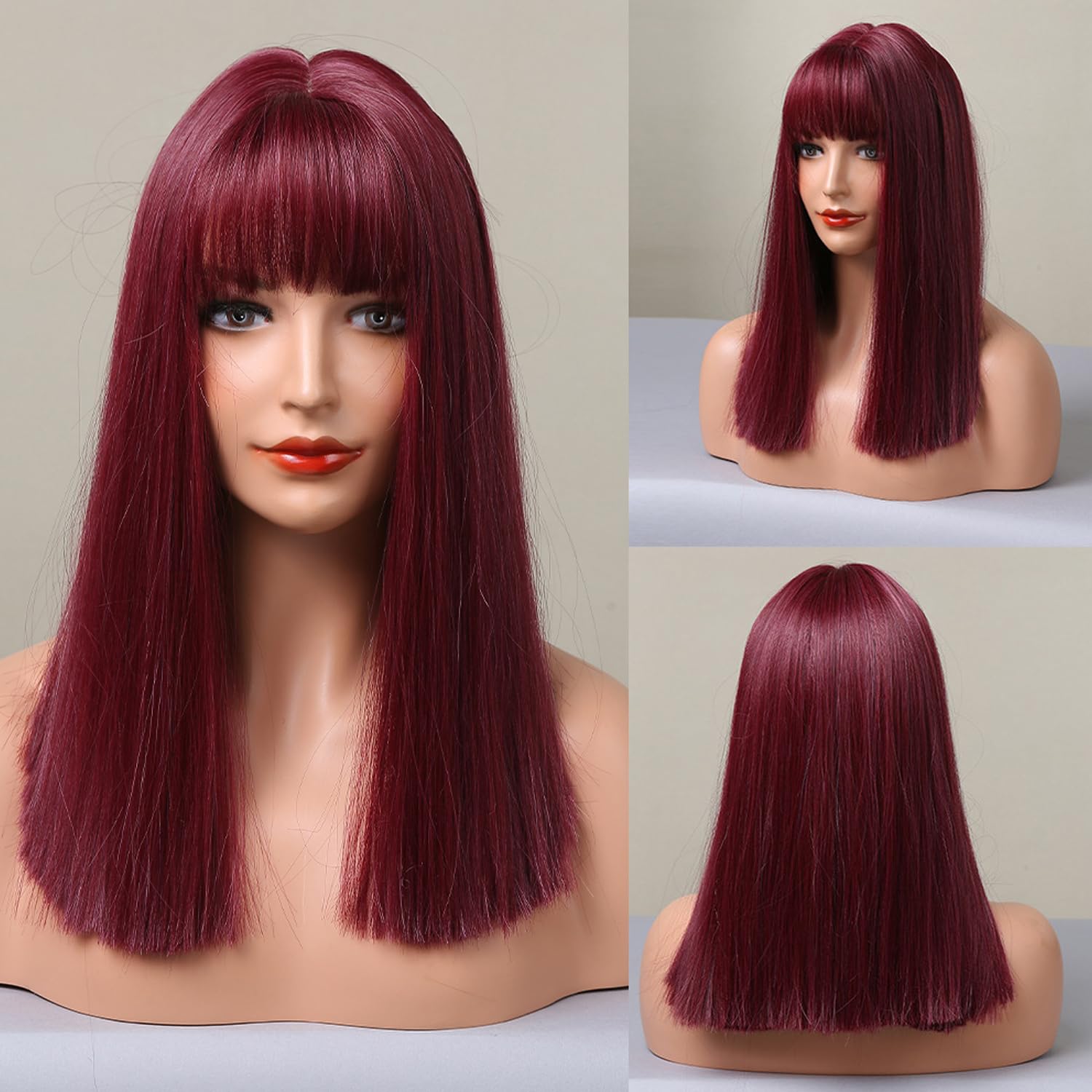 Amazon.com : incohair 16inch Dark Red Wig with Bangs Burgundy Wig for ...