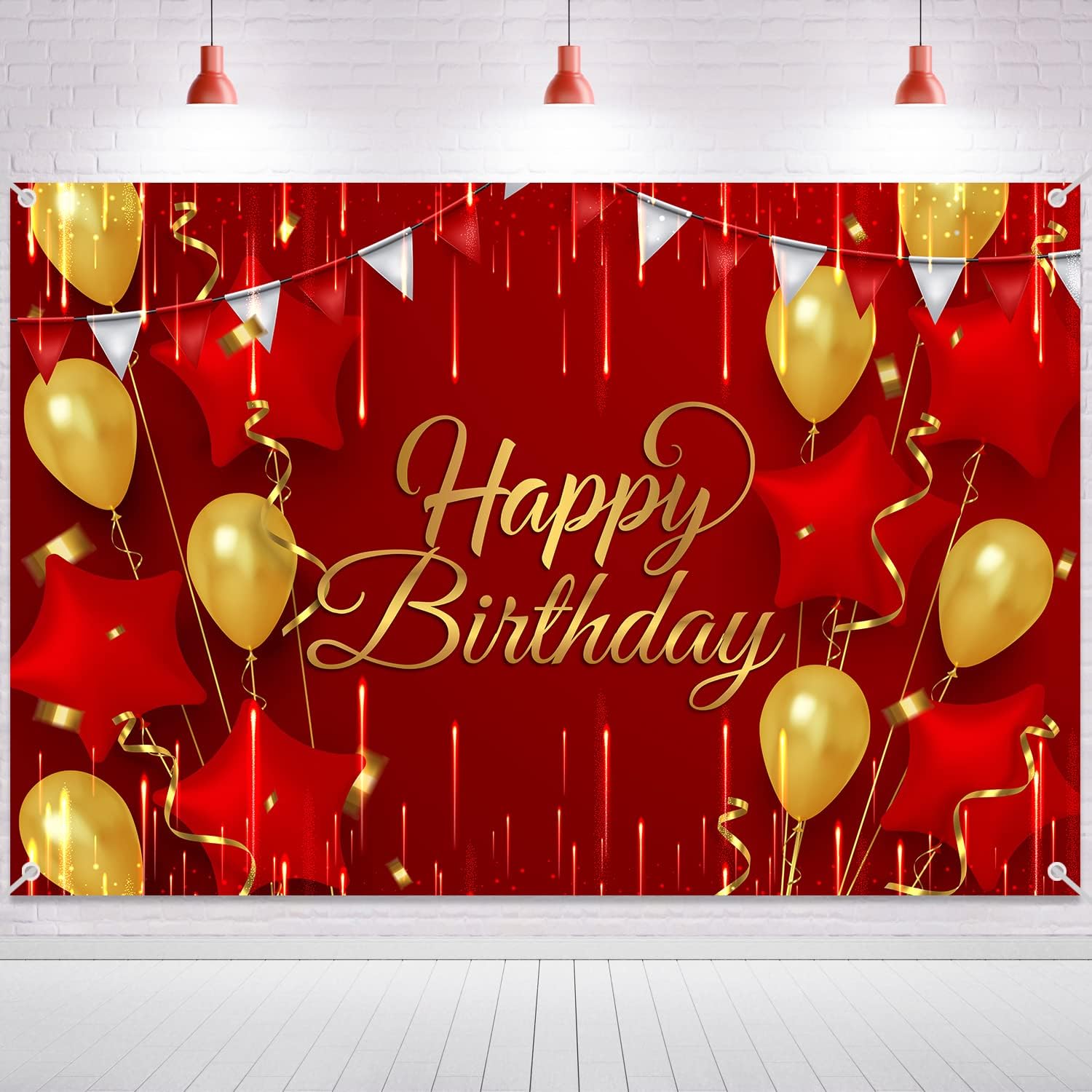 Amazon.com: Red and Gold Birthday Paty Backdrop Red and Gold Happy ...