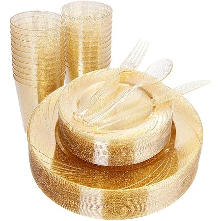 Amazon.com: 180 Gold Plastic Silverware Set | Glitter Gold Cutlery ...
