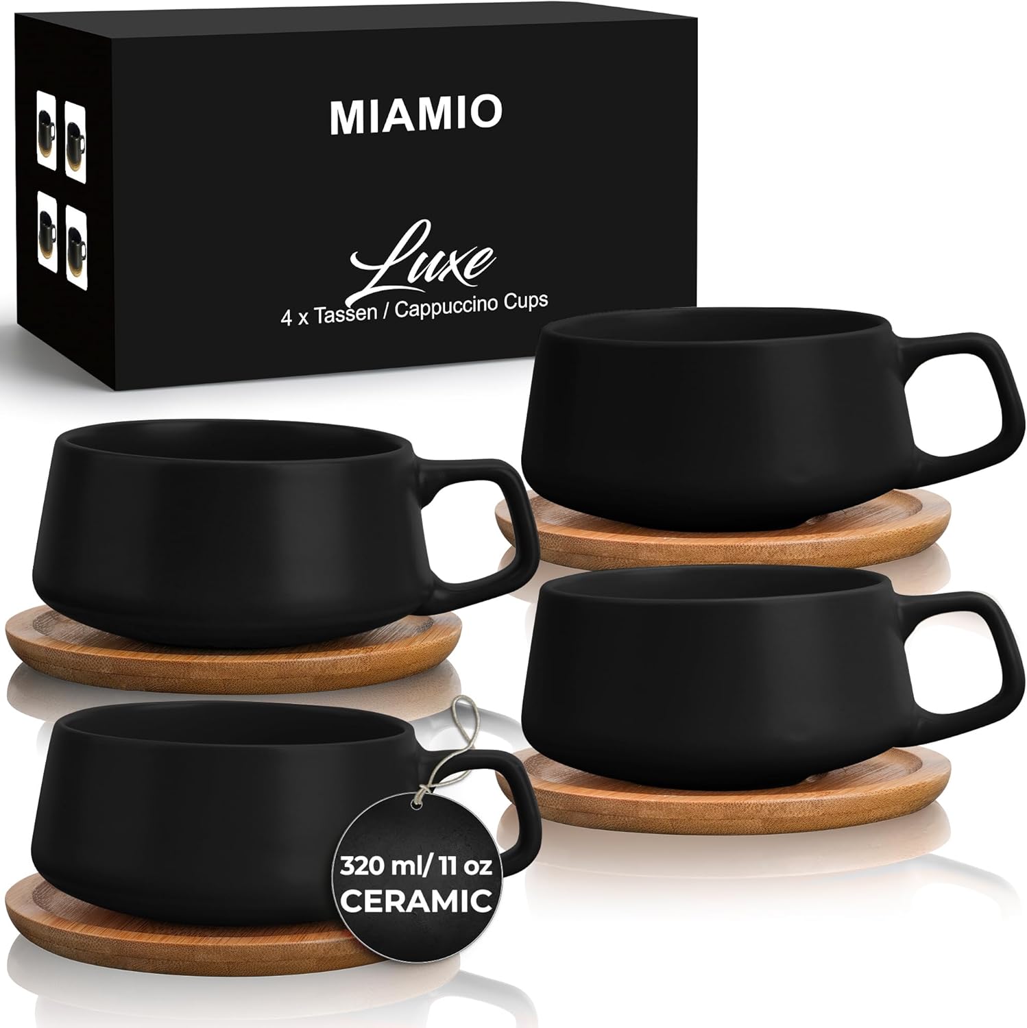 MIAMIO – 320 ml., Set of 4 Ceramic Tea Cup and Saucer Bamboo/Tea Mug ...