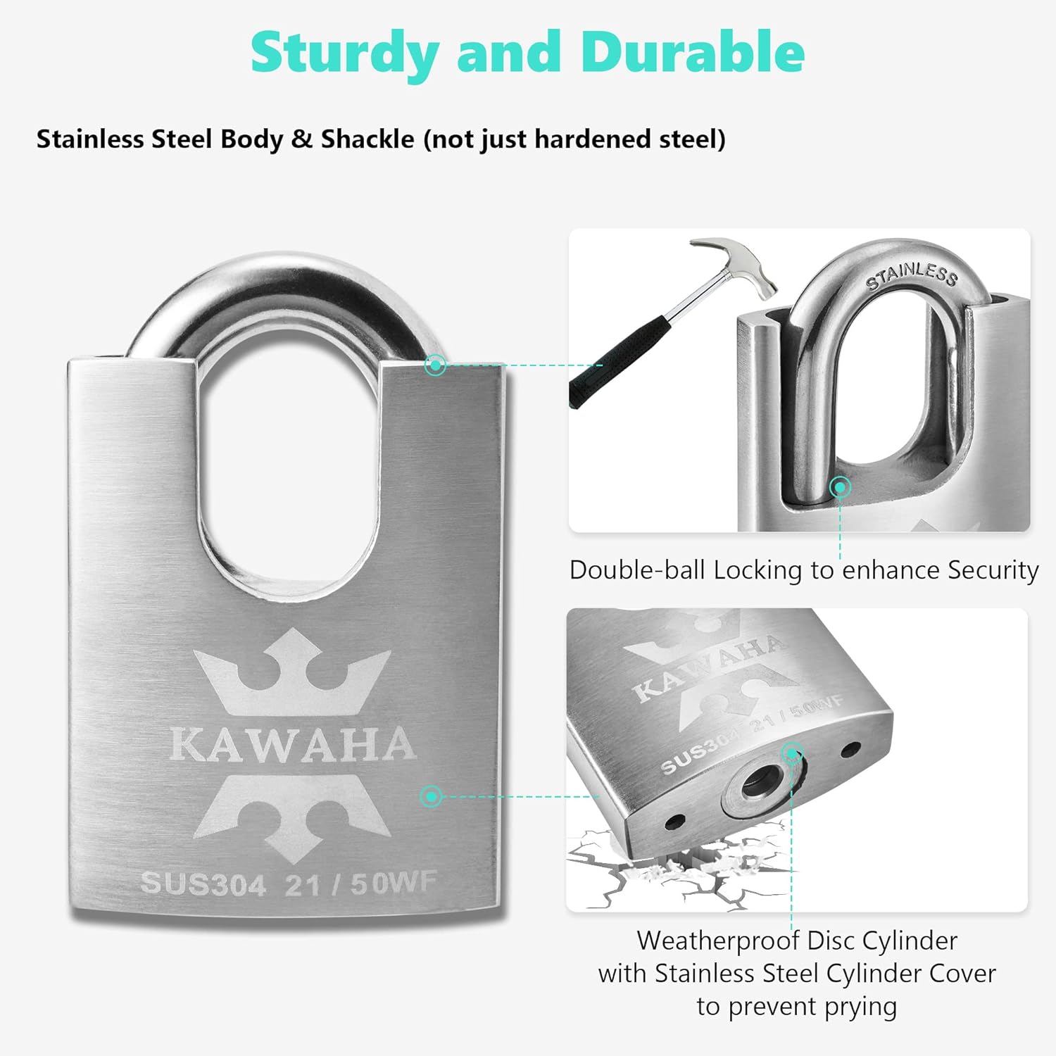 KAWAHA 21/50-2P High Security Stainless Steel Shrouded Padlock with Key ...