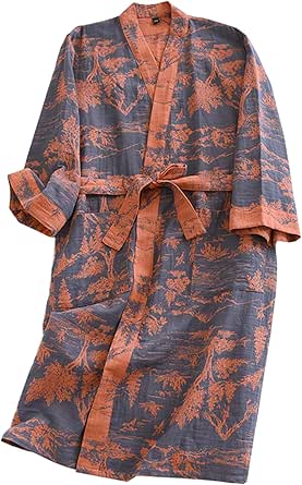 Spring Autumn Cotton Gauze Mid-length Nightdress Printed Tie-belt Bathrobe Loose Pajamas ...