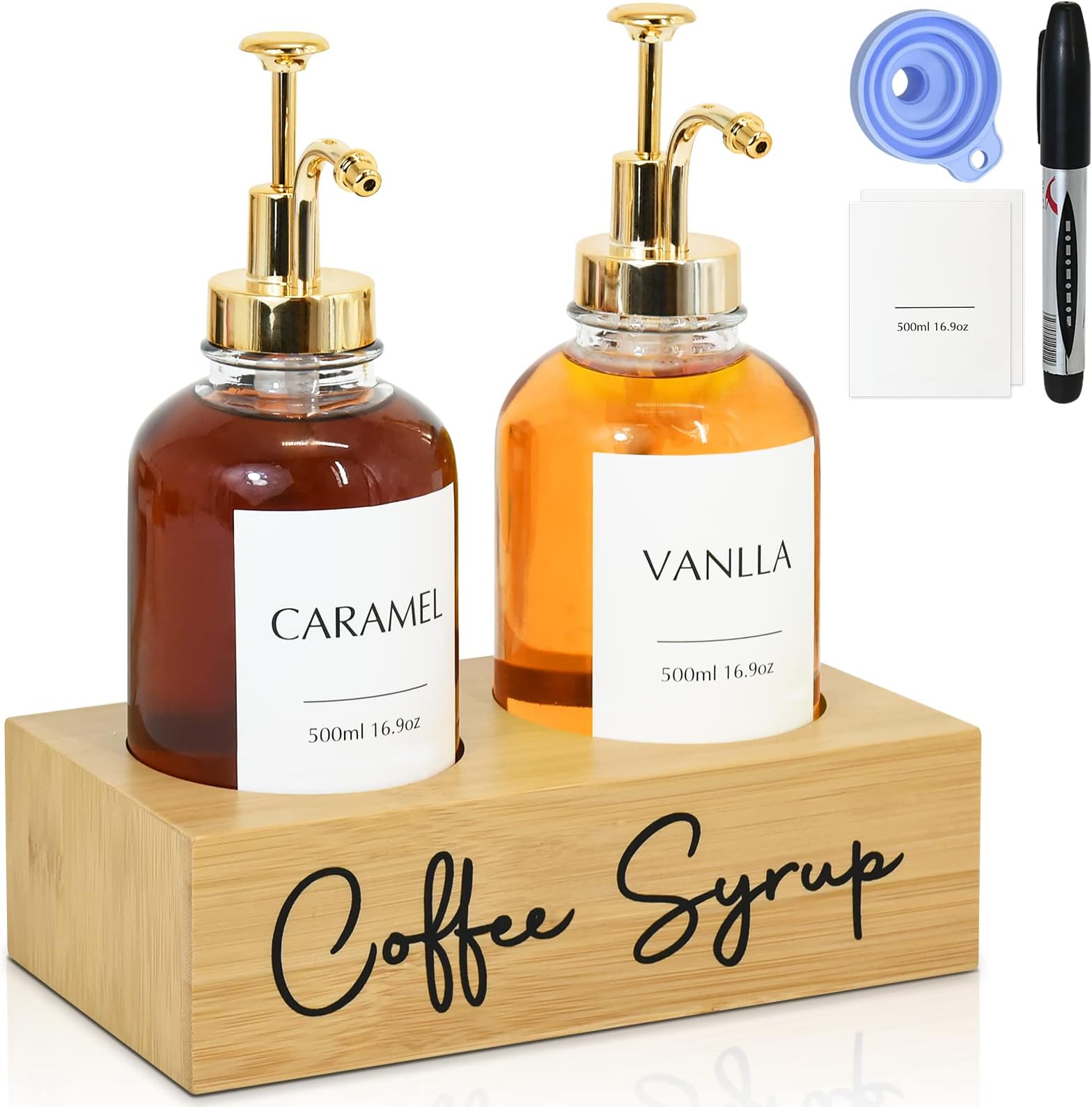 Amazon.com: Coffee Syrup Dispenser With Bamboo Holder, Syrup Dispenser ...