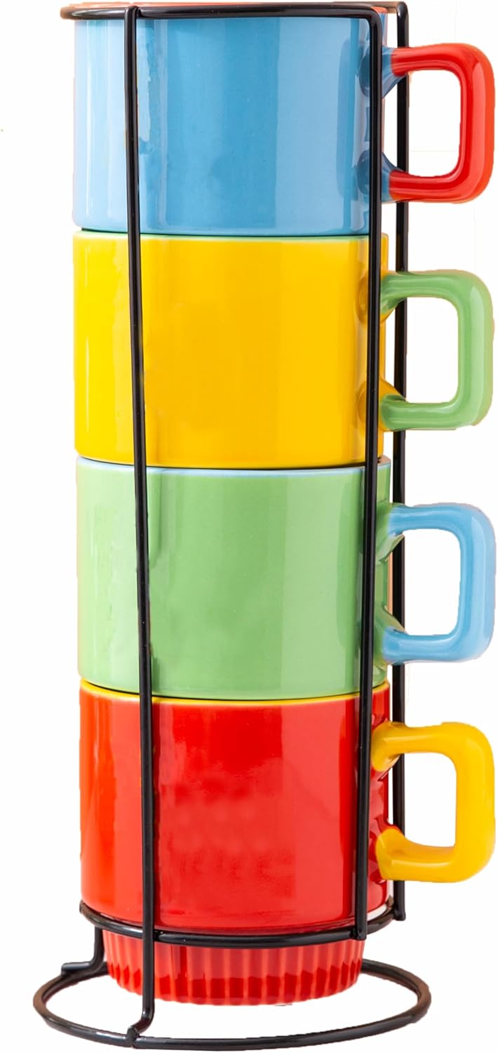 Amazon.com: MECOWON 12 OZ Porcelain Stackable Mugs with Rack, Set of 4 ...