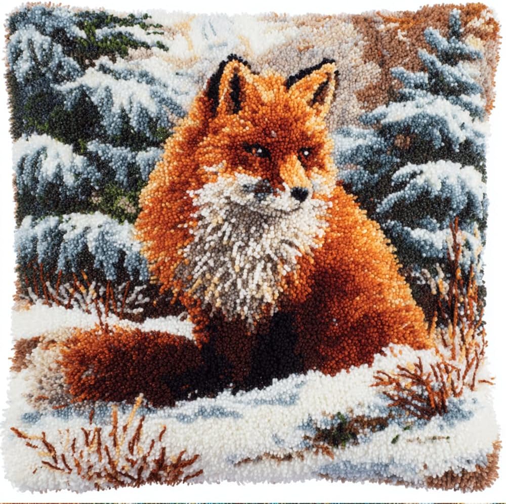 Taxpy Animal Latch Hook Cushion Kit, Fox in The Snow Knitting Kits ...
