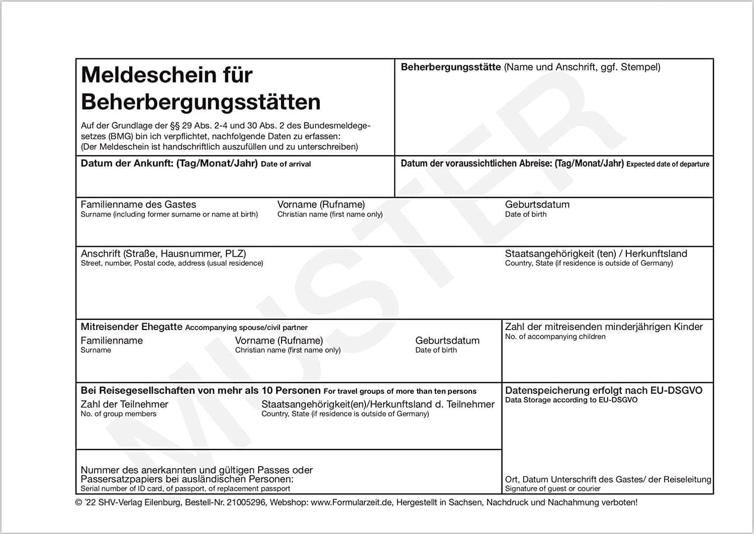 Meldeschein für Beherbergungsstätten, Fremdenmeldeblock für Hotel ...