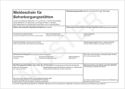 Meldeschein für Beherbergungsstätten, Fremdenmeldeblock für Hotel ...