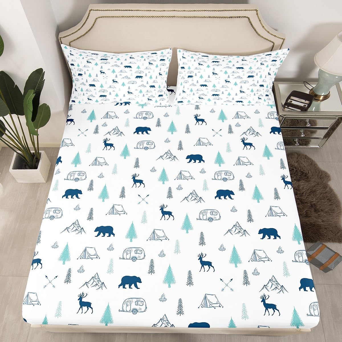 Amazon.com: Bear Deer Print Fitted Sheet Twin Size,Camping and Hunting ...