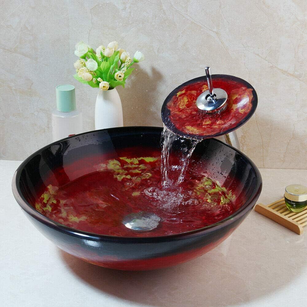 HM HomeMieco Tempered Glass Vessel Bathroom Round Basin Sink Bowl ...