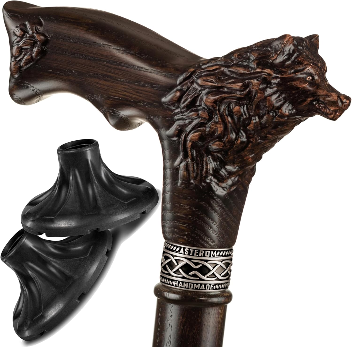 Amazon.com: Asterom 36 inch Carved Wolf Cane with 2pcs Wide Base Rubber Cane Tips - Cool Walking ...