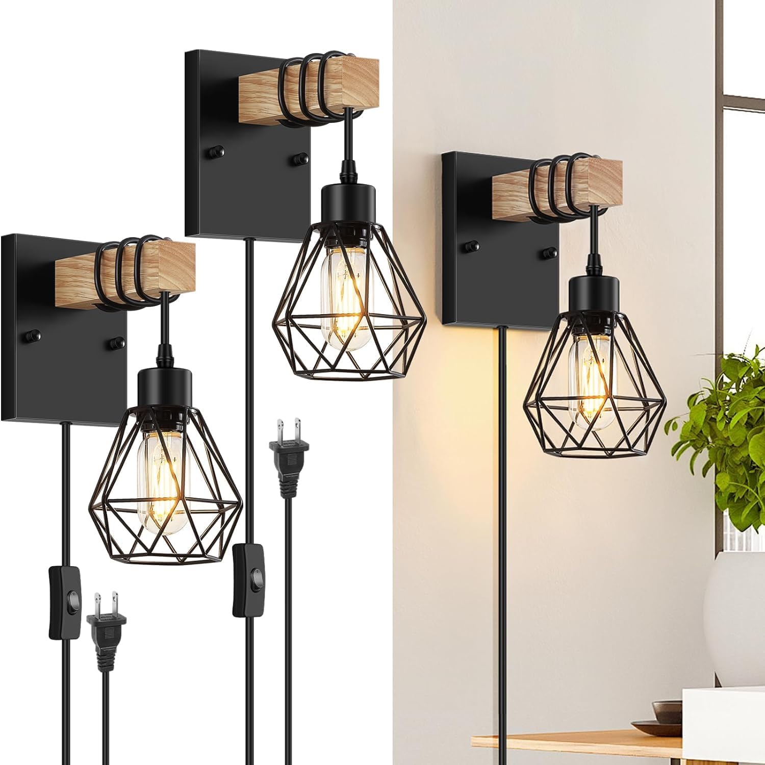 Plug in Wall Sconces Set of Two, Vintage Wood Wall Lamps with Plug in ...