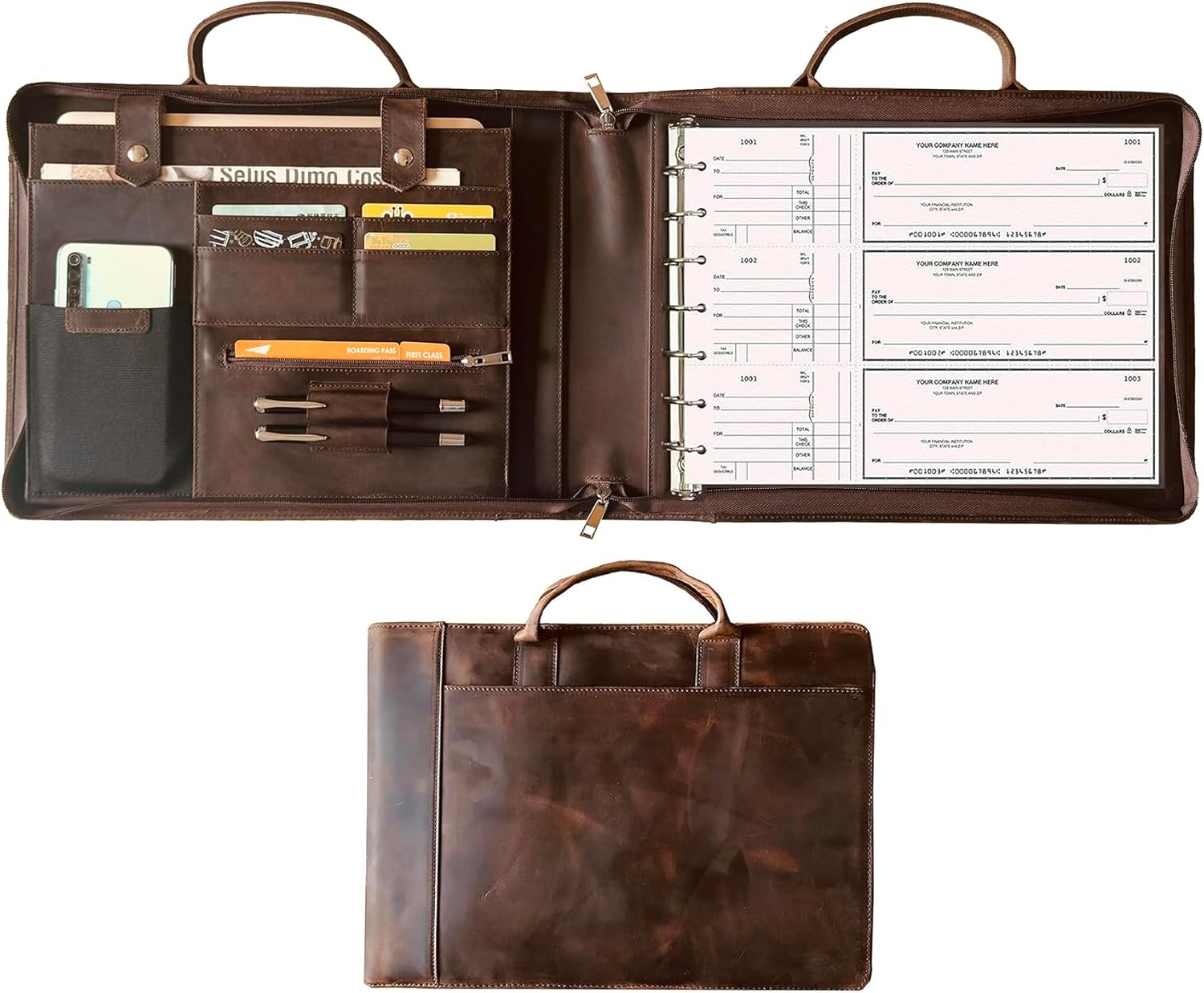 Amazon.com : 7 Ring Check Binder Cowhide Leather Check Portfolio for 3 ...