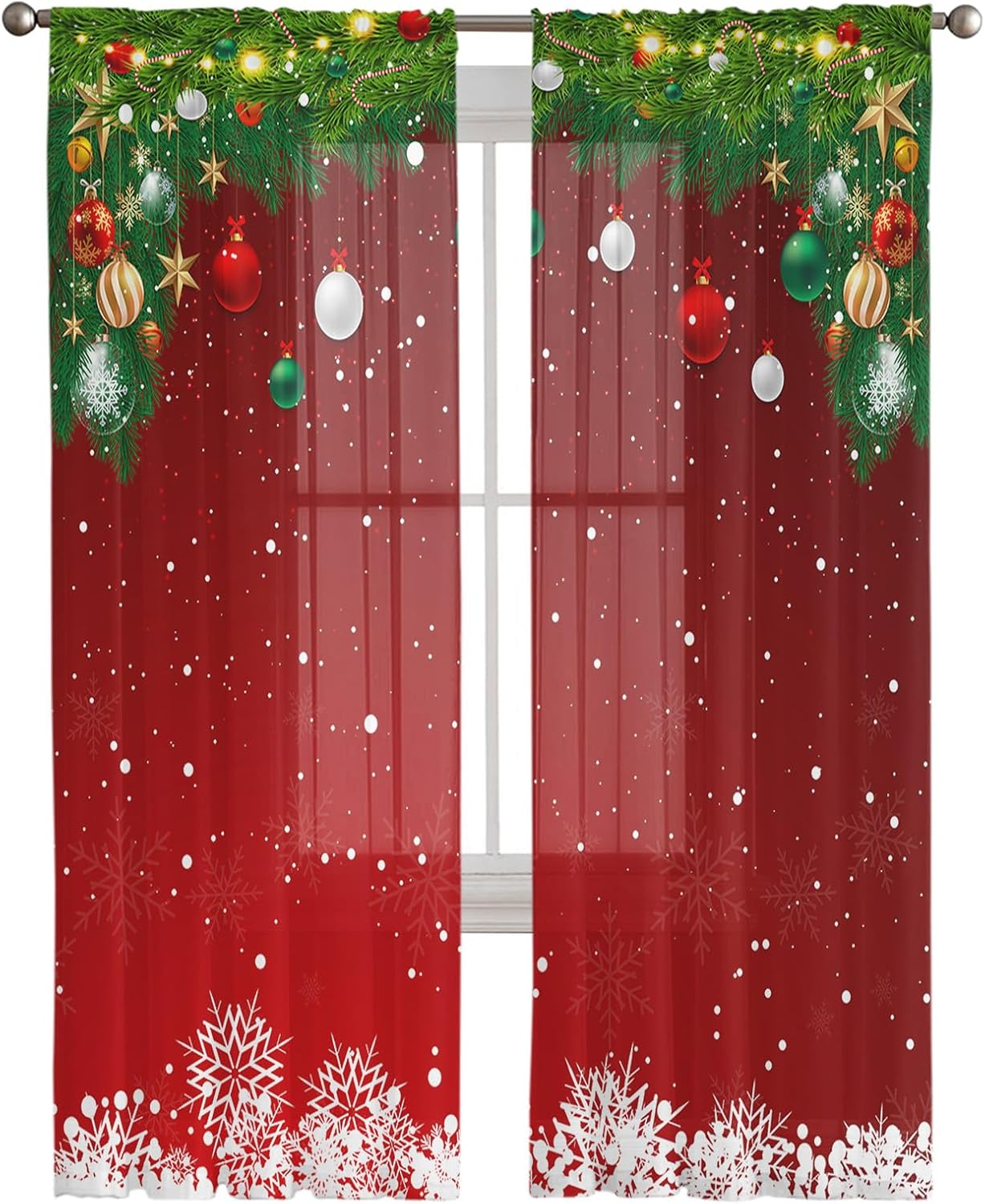 Amazon.com: Funy Decor Christmas Sheer Curtain Panels Xmas Baubles ...