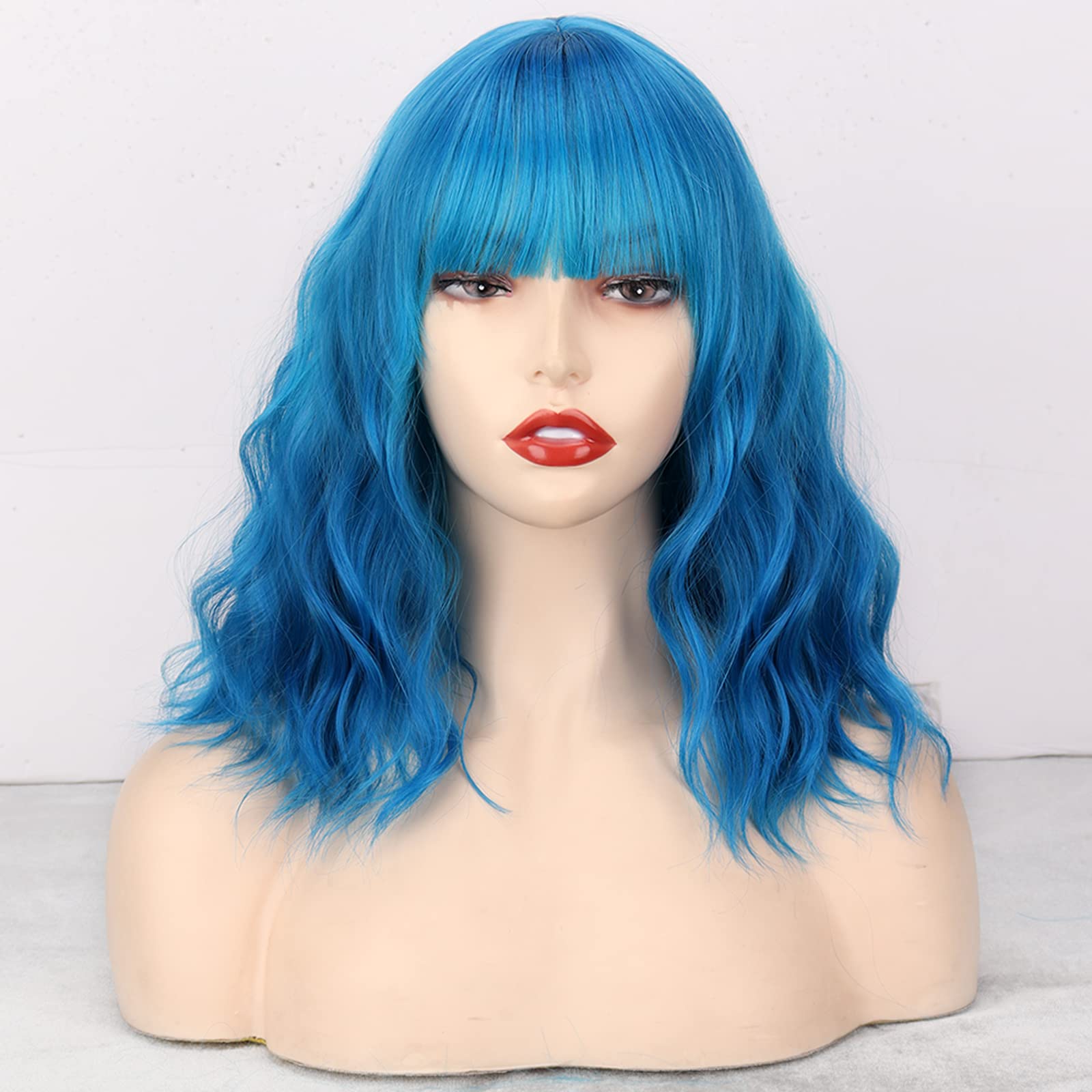 XINRAN Short Wavy Ombre Blue Wig with Bangs, Short Blue Ombre Wig for ...