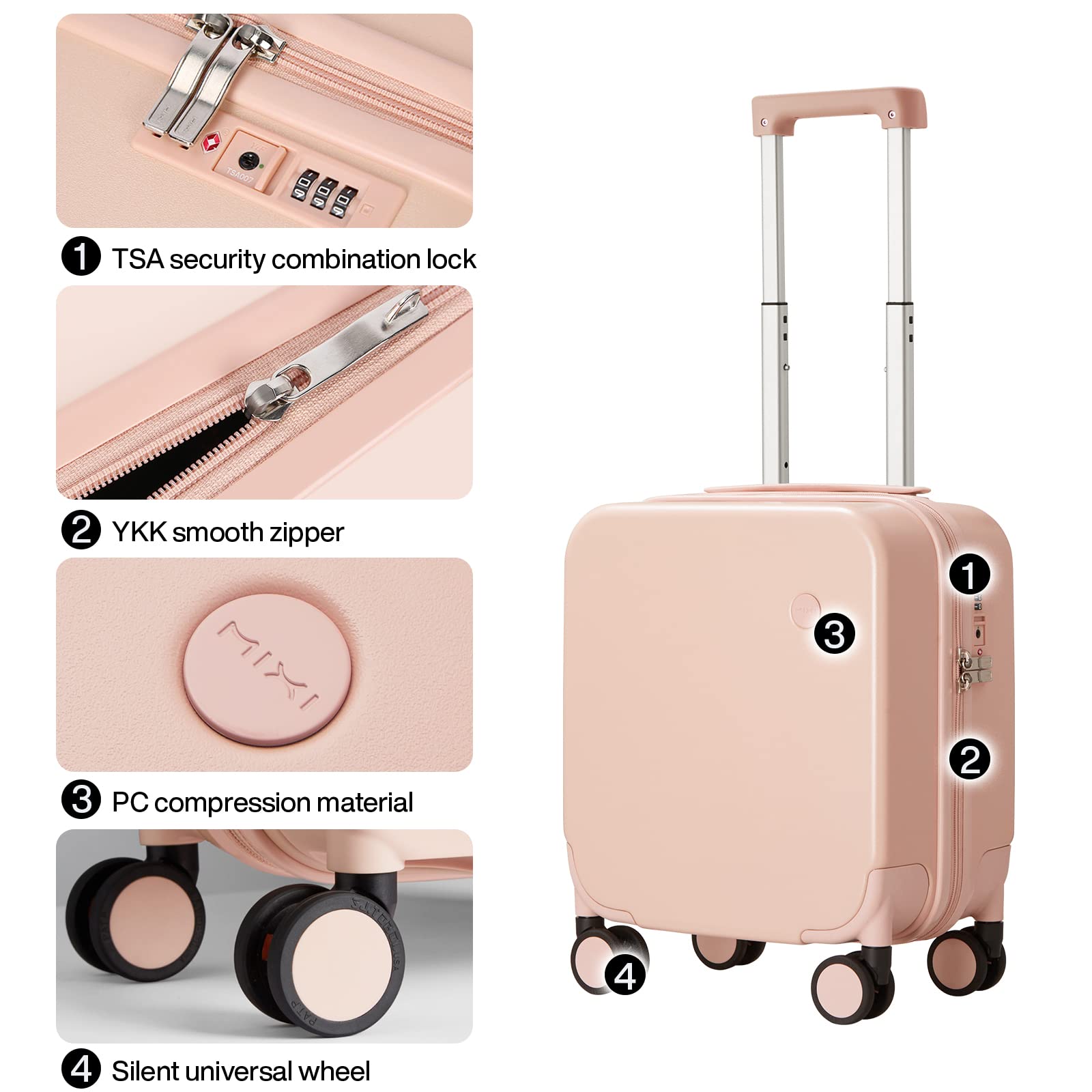 14 Inch Underseat Luggage Personal Item Carry on Suitcase, Mixi Spinner Wheels Pink Hardshell ...