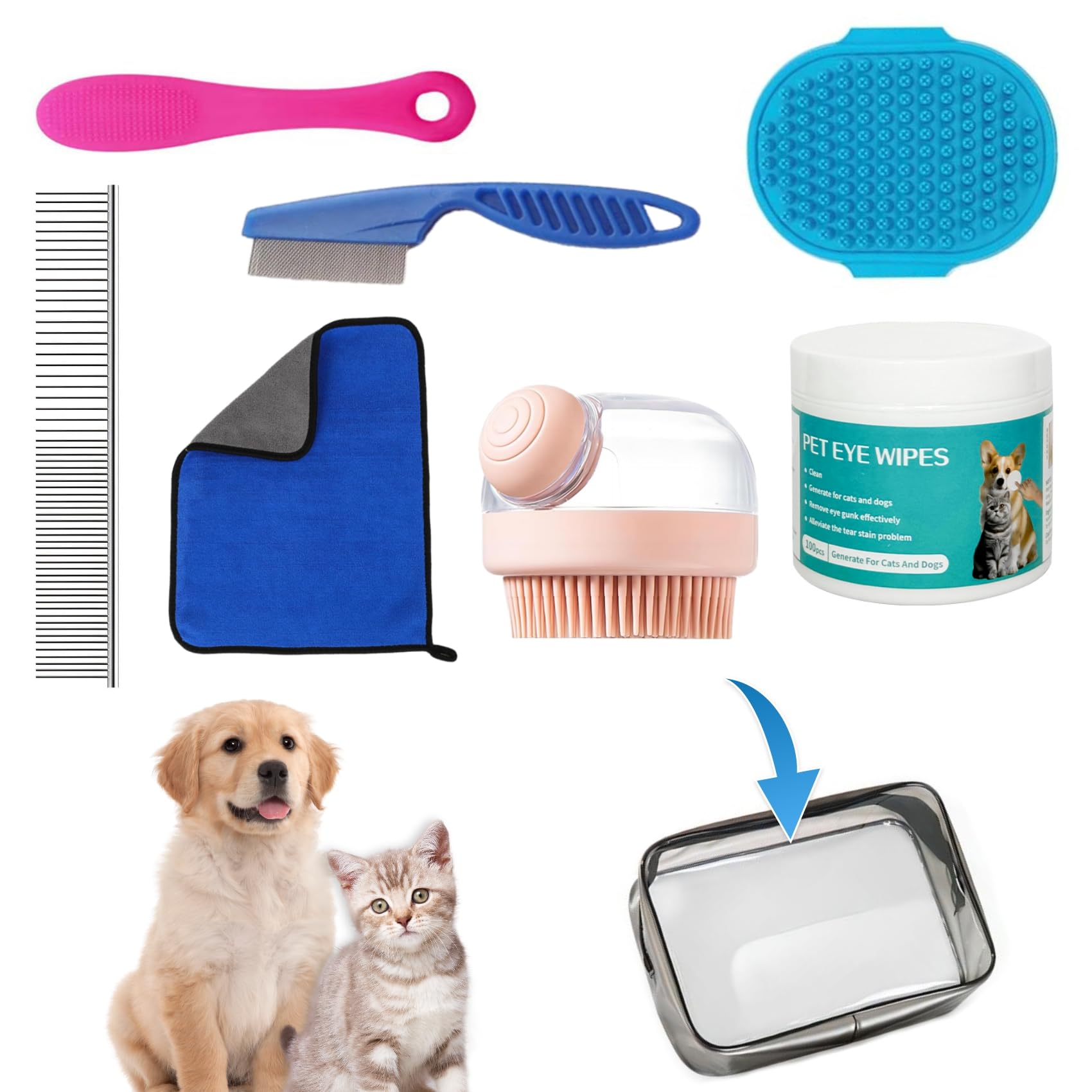 7 Pcs Cat Dog Brush Grooming Kits, Pet eye wipes,Flea Dog Comb, Pet ...