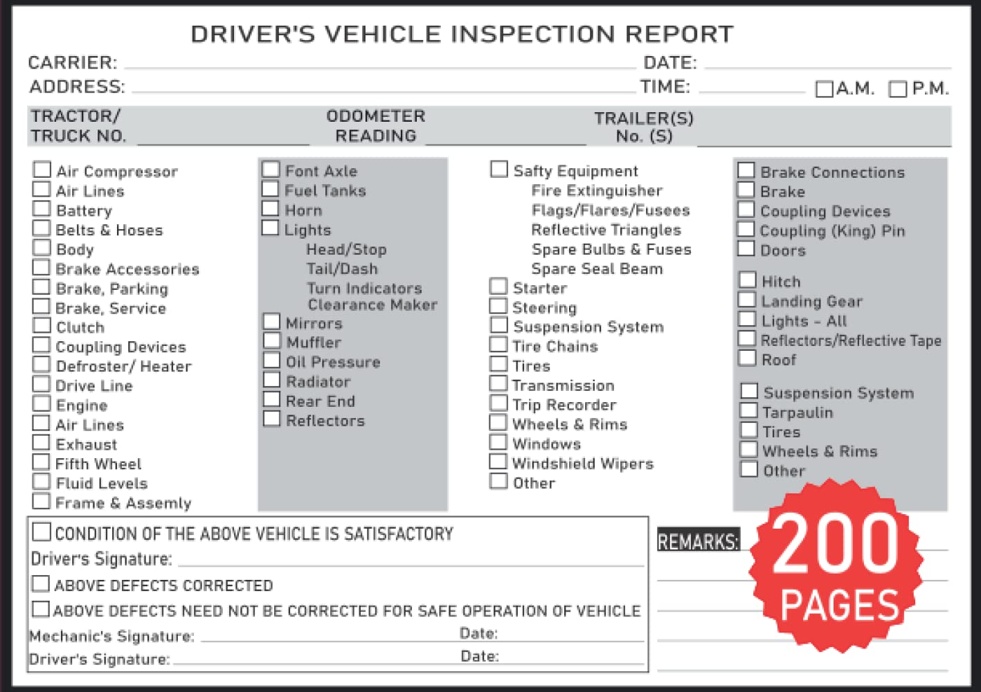 Driver's Vehicle Inspection Report Book: Vehicle's Daily Inspection ...