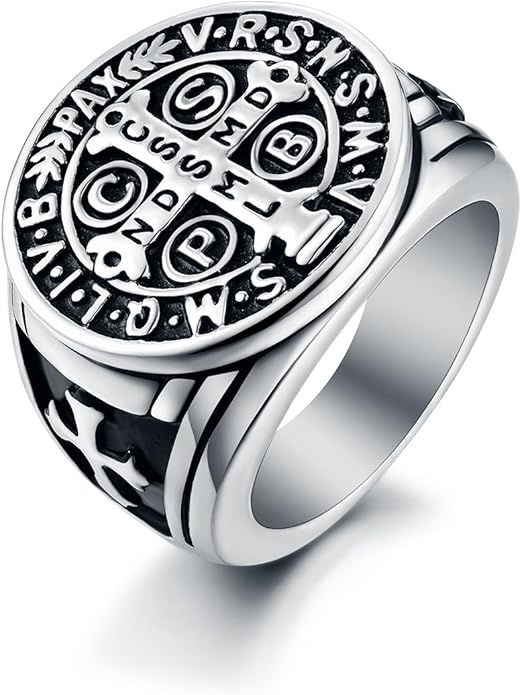 LAOYOU Men's St Benedict Exorcism Ring Stainless Steel Catholic Roman ...