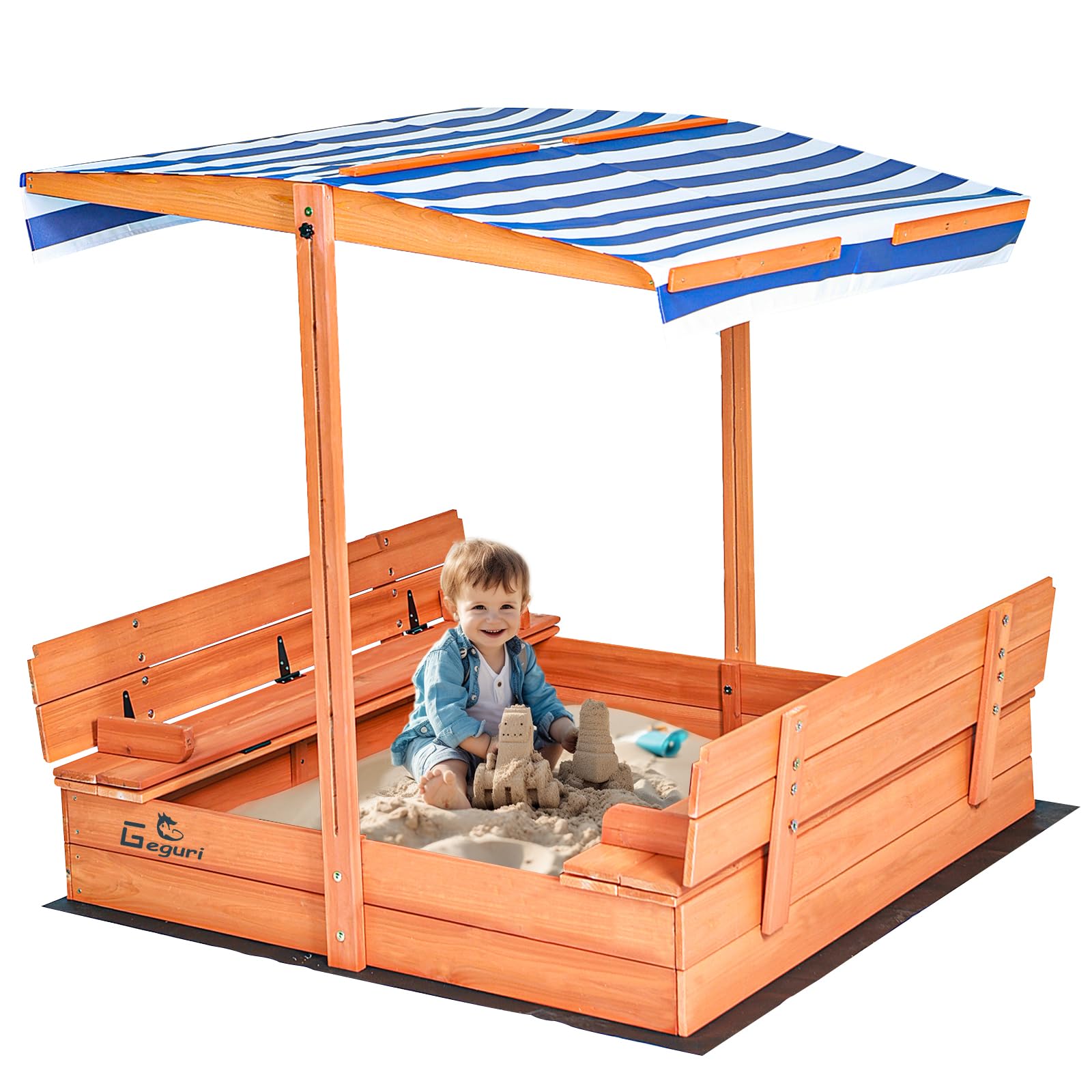Kids Wooden Sandbox with Cover, Foldable Bench Seats, Retractable Roof ...