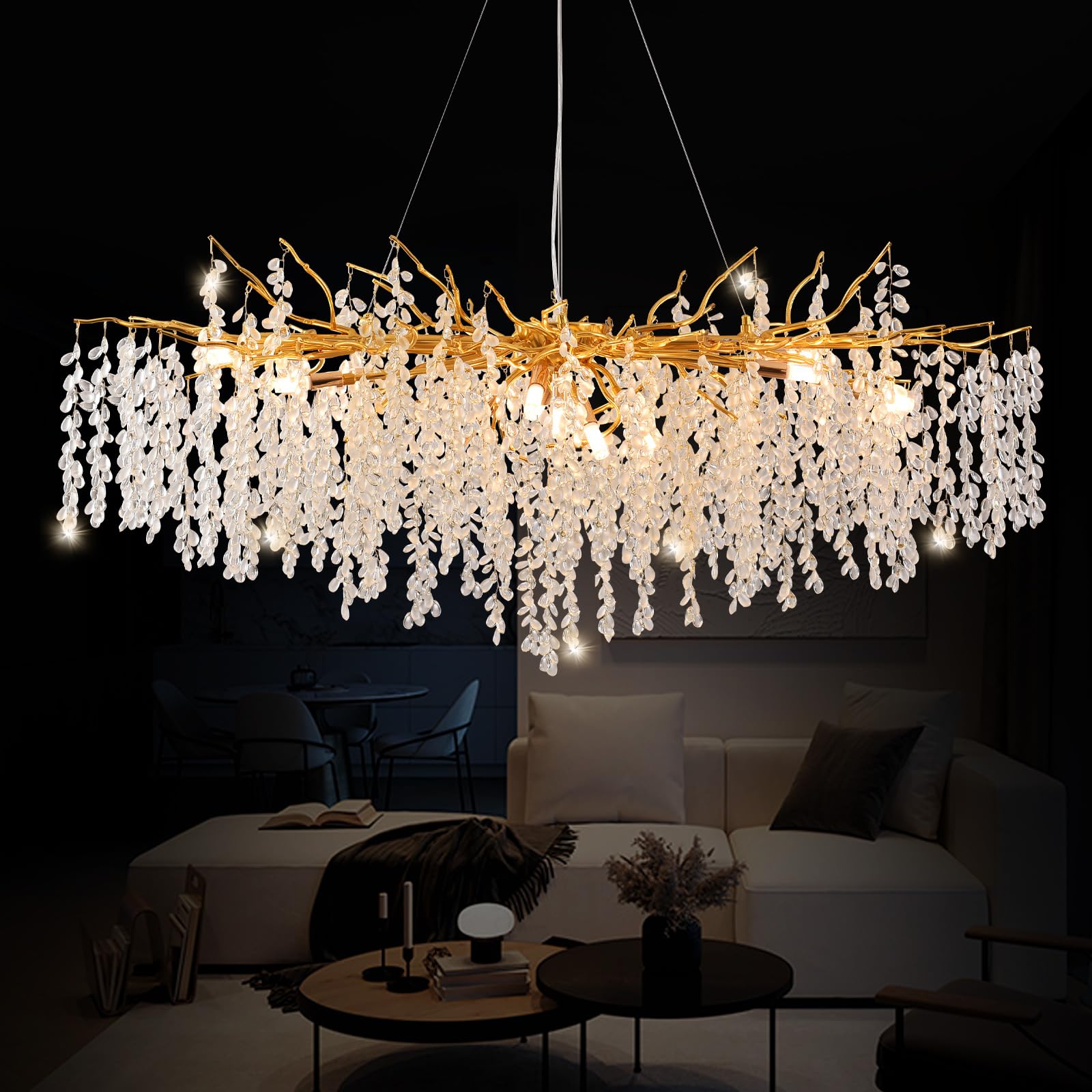 GREMLBUK L47 Modern Crystal Chandeliers, Gold Rectangular Chandelier 10 ...