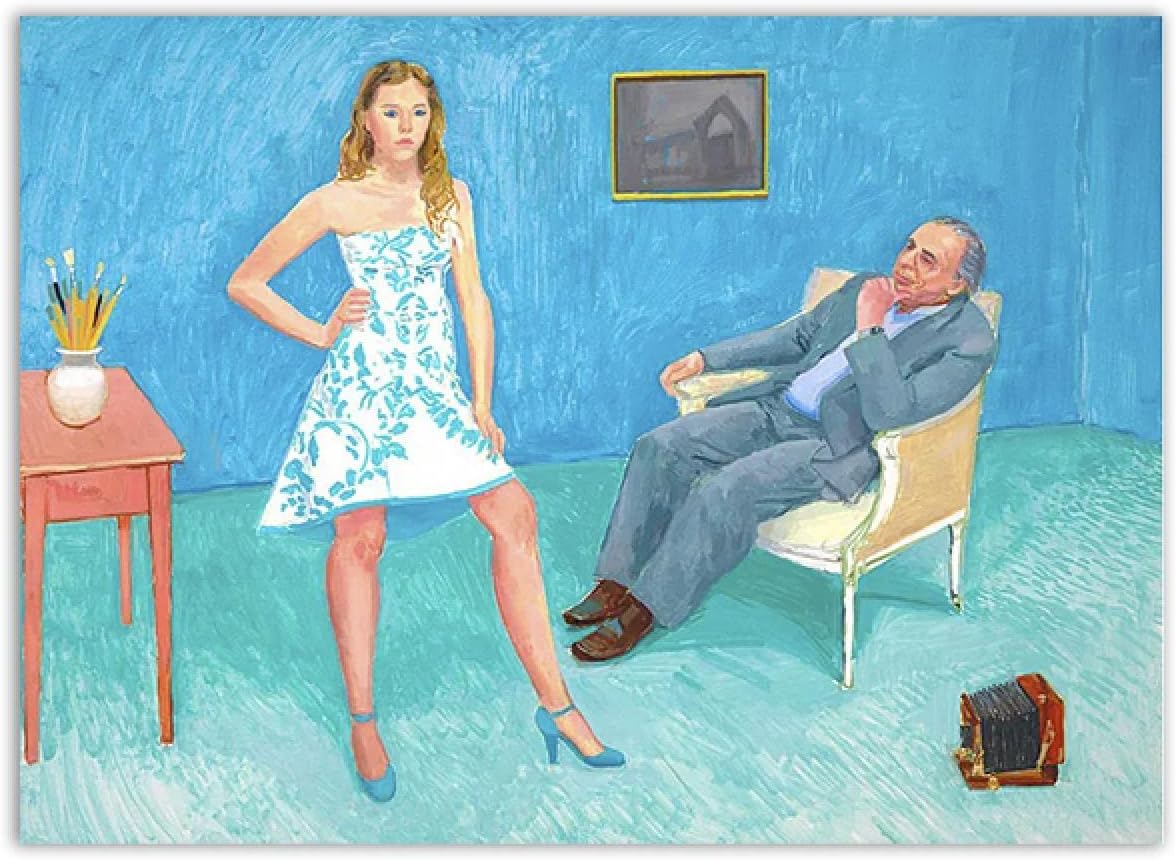 Jp David Hockney デビッド・ホックニーキャンバス上の有名な絵画の複製「写真家と彼の娘」キャンバスポスターと版画、リビングルームの壁の装飾のためのキャンバス