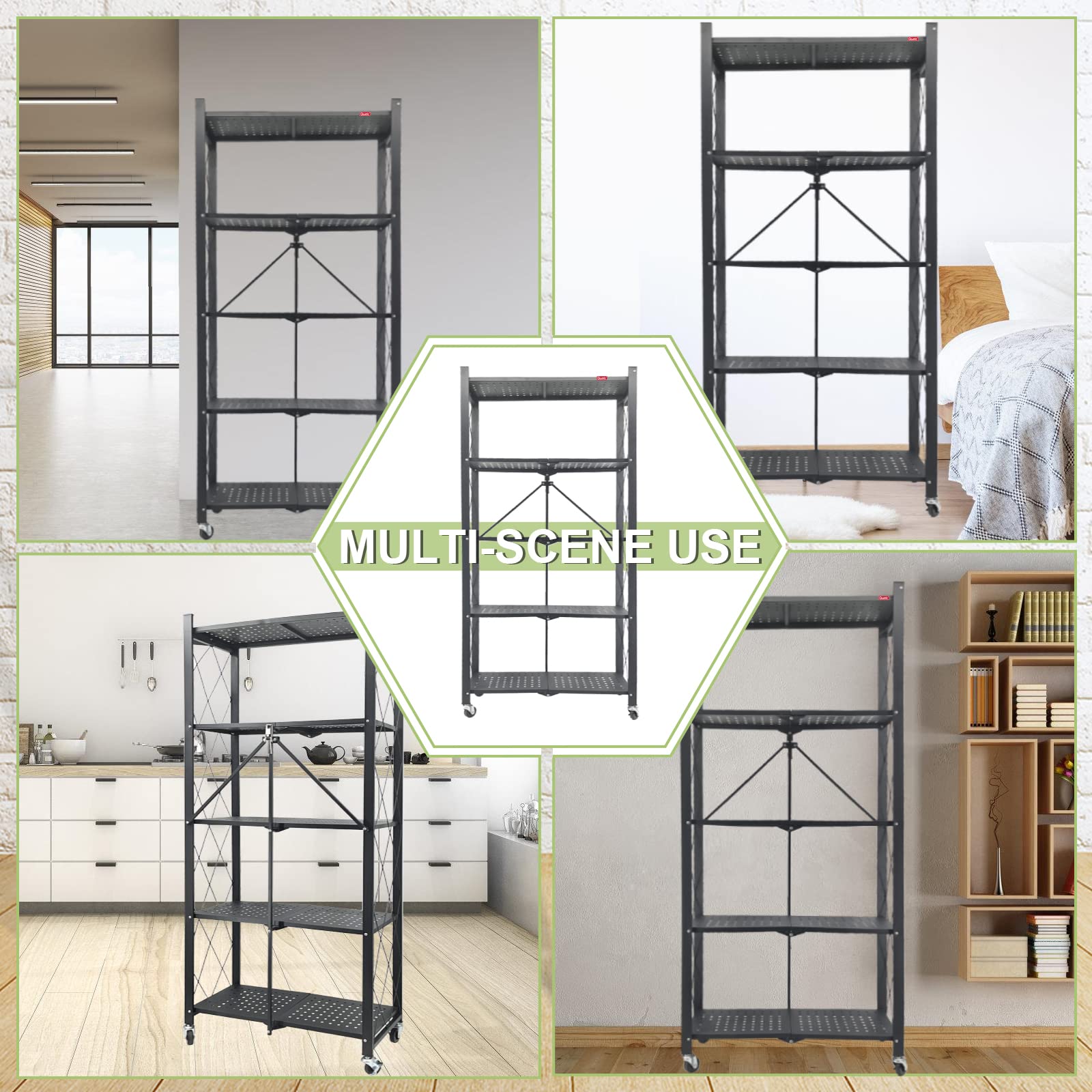 DEANIC Foldable Storage Shelves on Wheels, 5 Tier Shelves for Storage ...