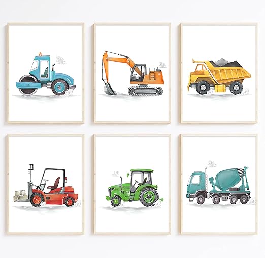 Amazon.com: Watercolor Construction Trucks Wall Art Prints,Colorful ...