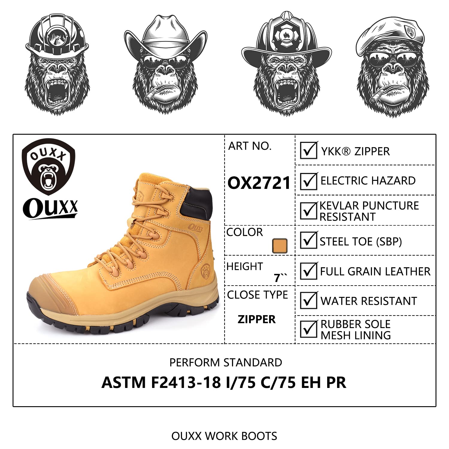 OUXX Steel Toe Work Boots, YKK Zipper, ASTM F2413 Electric Hazard ...