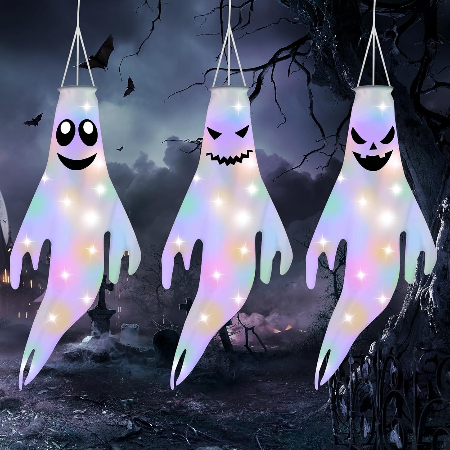OFFCUP Halloween Windsocks, 3PCS Ghost Windsock with LED Colorful ...