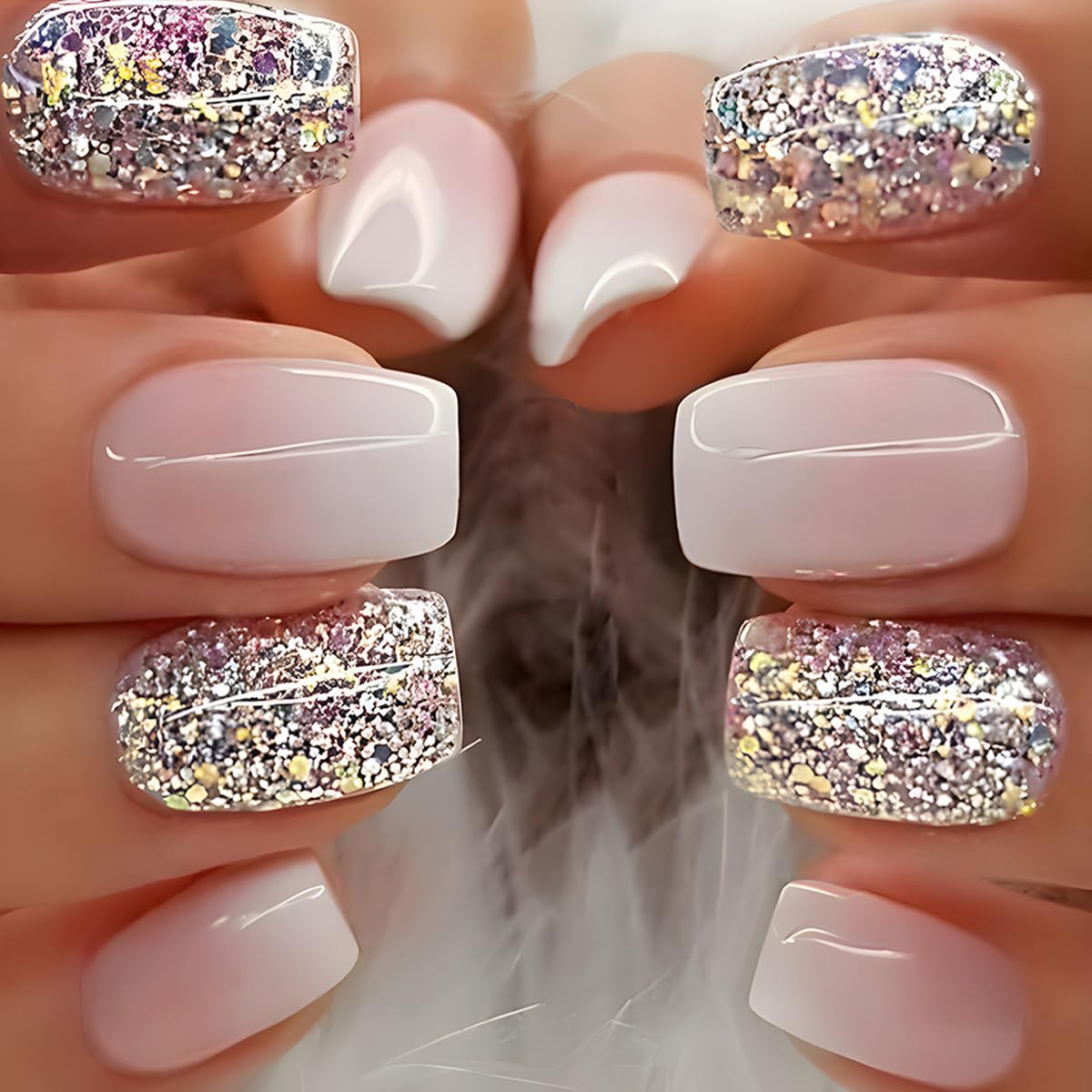 Amazon.com: Silver Glitter Press on Nails Medium Square Fake Nails with ...