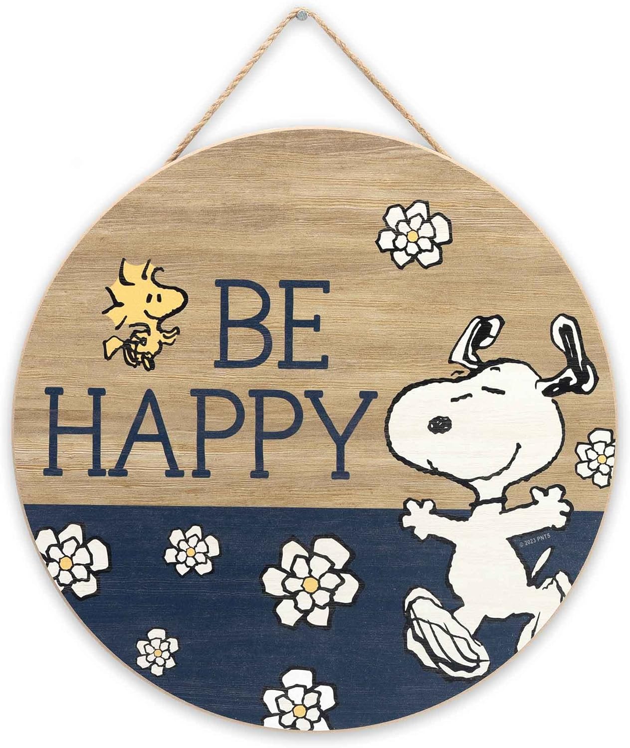 Open Road Brands Peanuts Snoopy Be Happy Round Hanging Wood Wall Decor ...