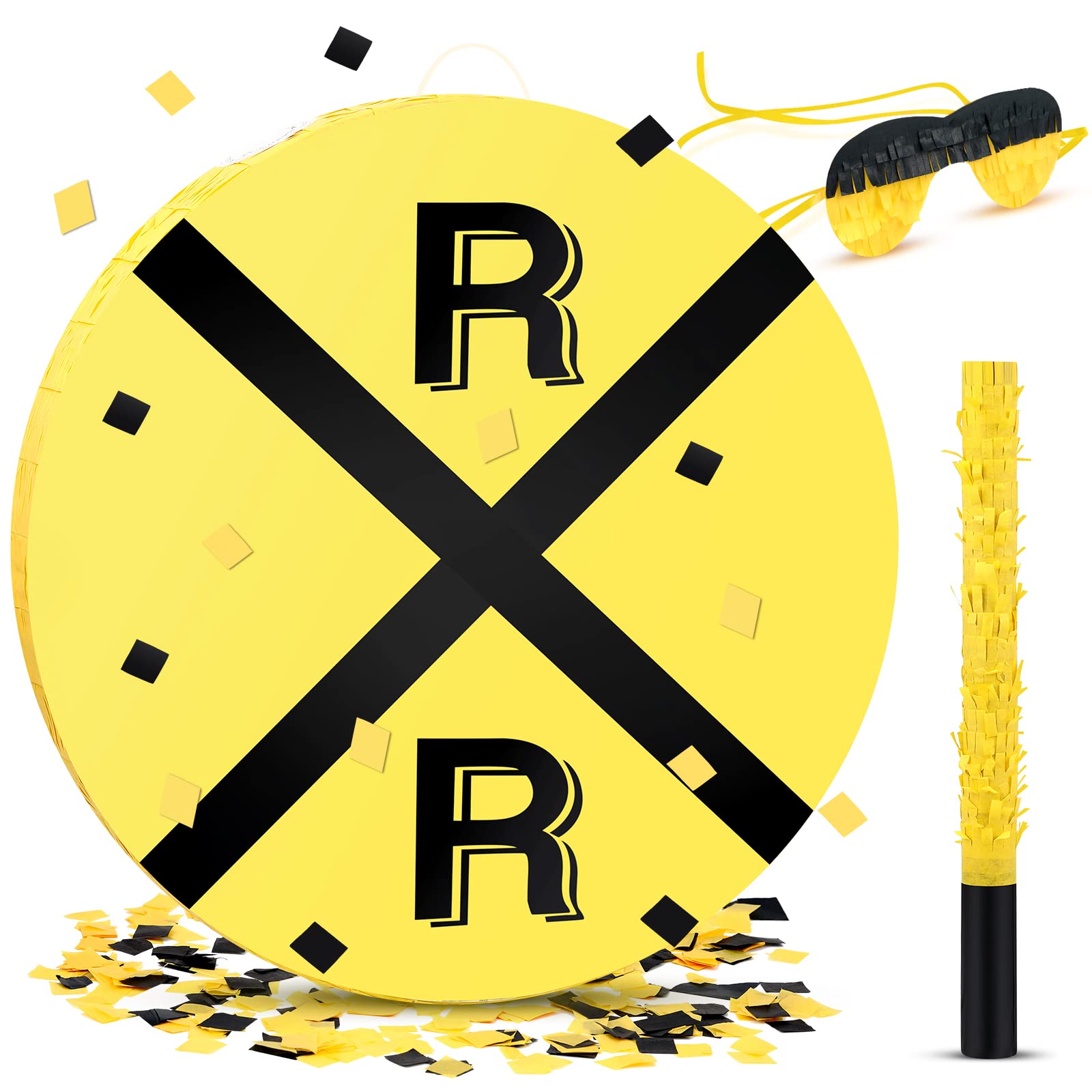 Railroad Crossing Sign Pinata Bundle with a Blindfold and Bat 17.7 x 17 ...