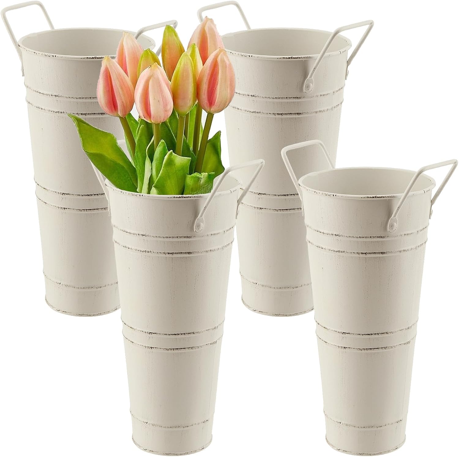 Amazon.com: ZEONHEI 4 Pack 9 Inch Tall Galvanized Flower Bucket, Beige ...