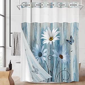 Amazon.com: Nesphy No Hook Blue Daisy Shower Curtain with Snap in Fabric Liner Set, Wooden ...
