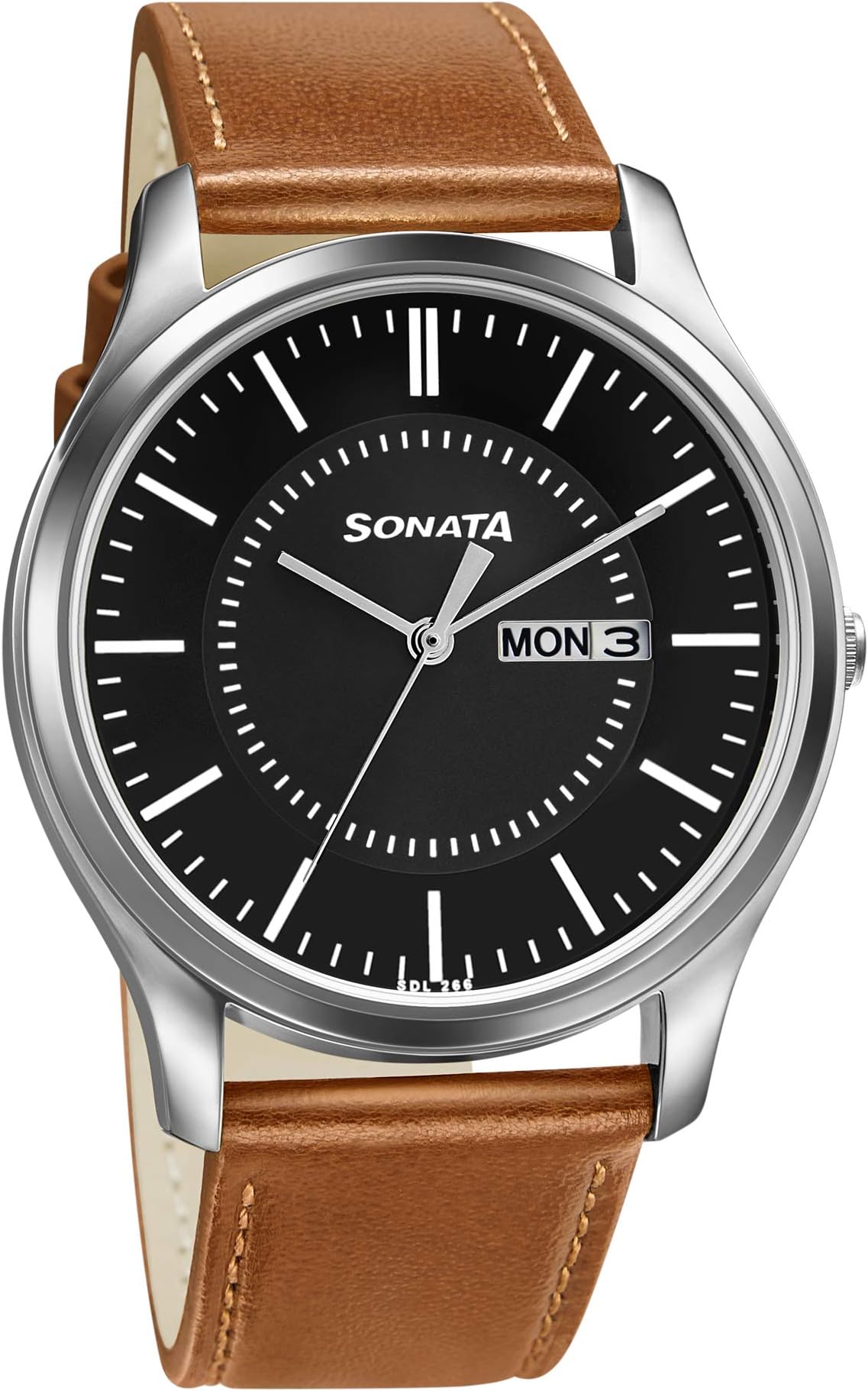 Sonata Essentials Quartz Analog with Day and Date Black Dial Tan ...