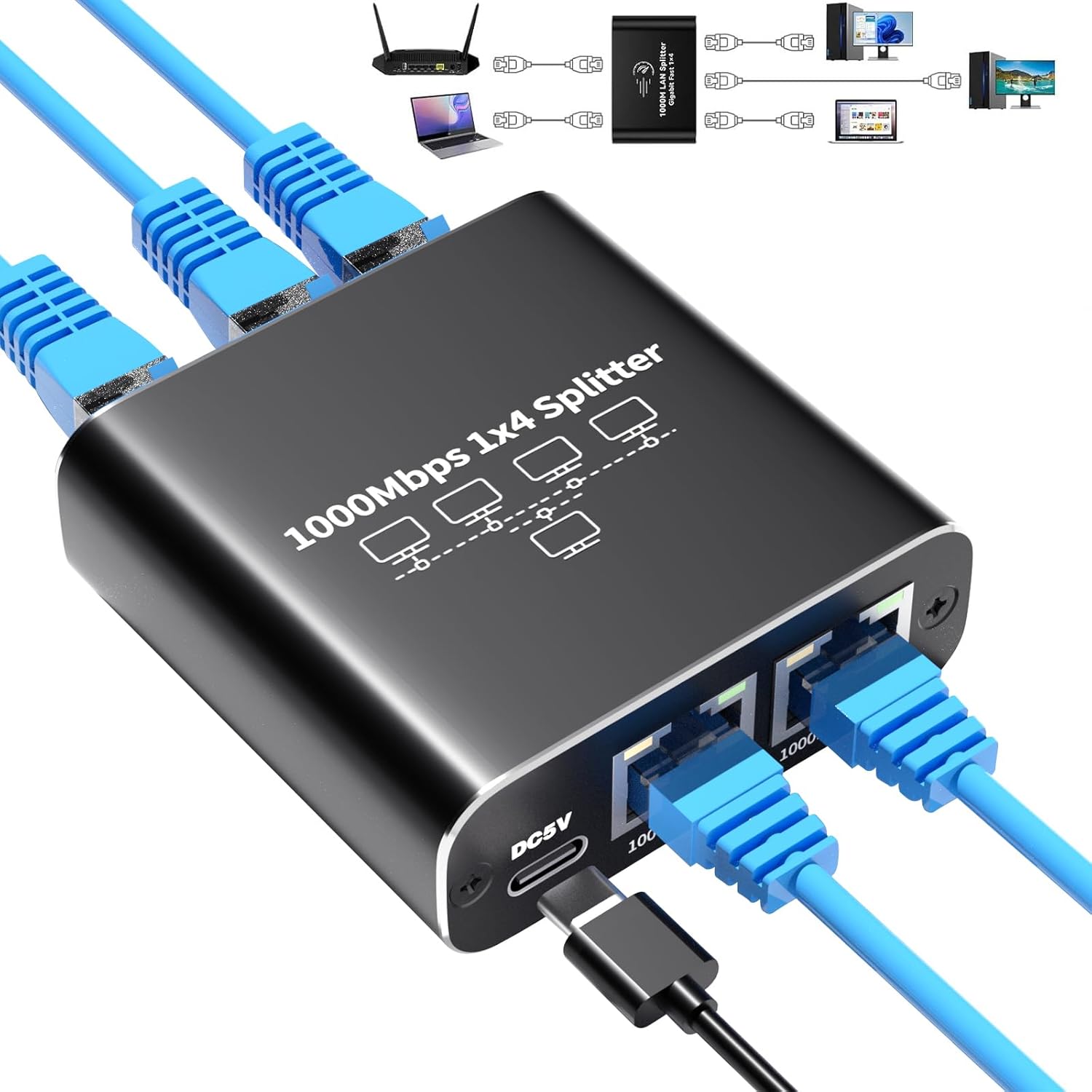 Amazon.com: 1000Mbps Ethernet Splitter 1 to 4 High Speed Rj45 Splitter ...