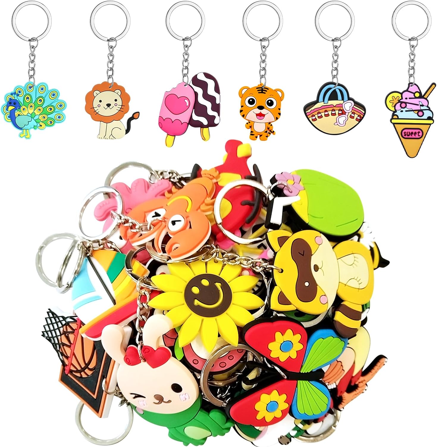 Amazon.com : XITDW 50pcs thicken Cute Bulk Keychains,Non-Repeat Cartoon ...